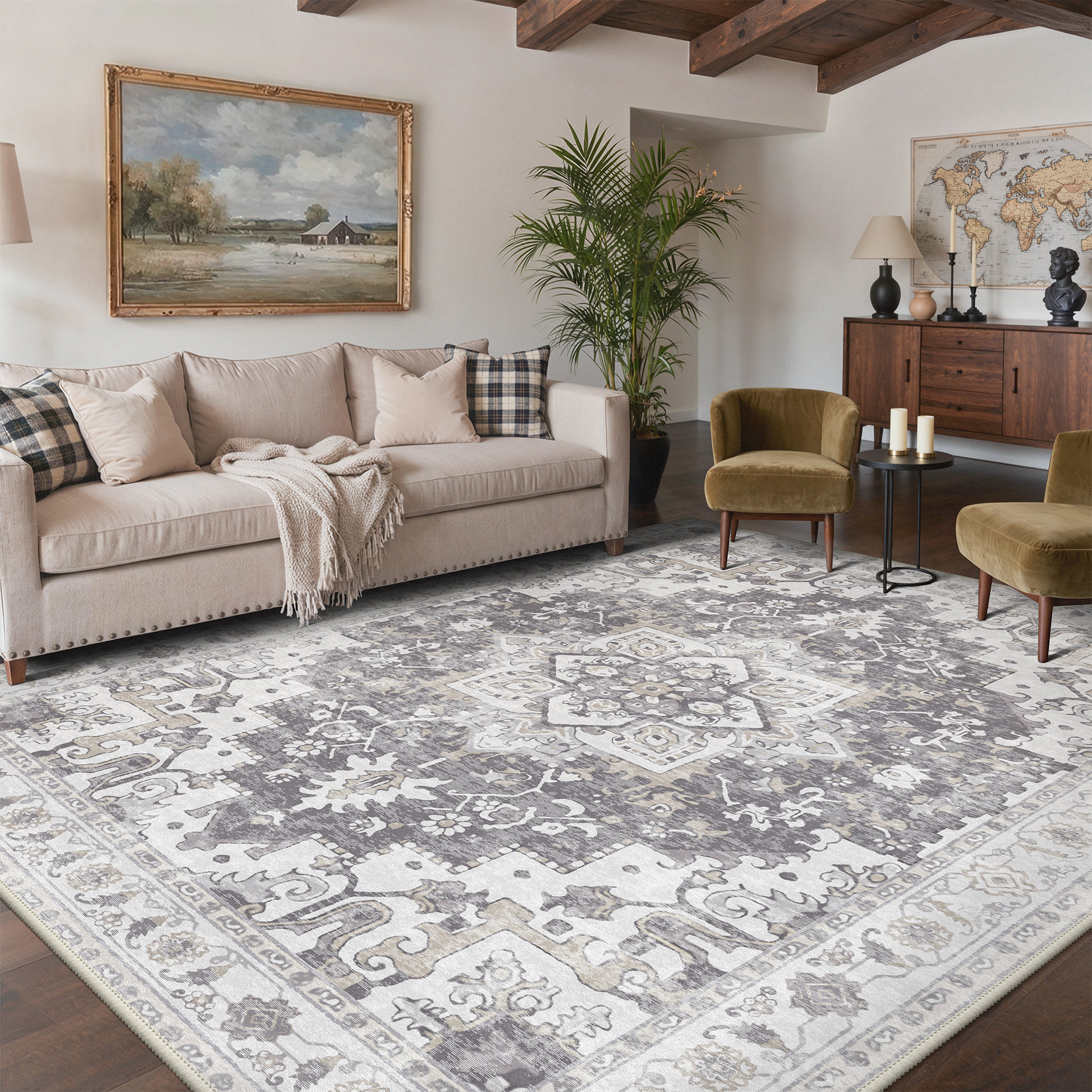 Bungalow Rose Nathalya Oriental Grey Machine Washable Non-Slip Indoor ...