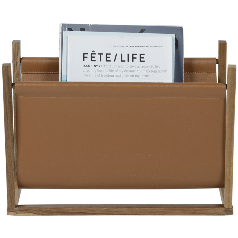 Ebern Designs Standing Acacia Wood Leatherette Magazine Rack | Wayfair