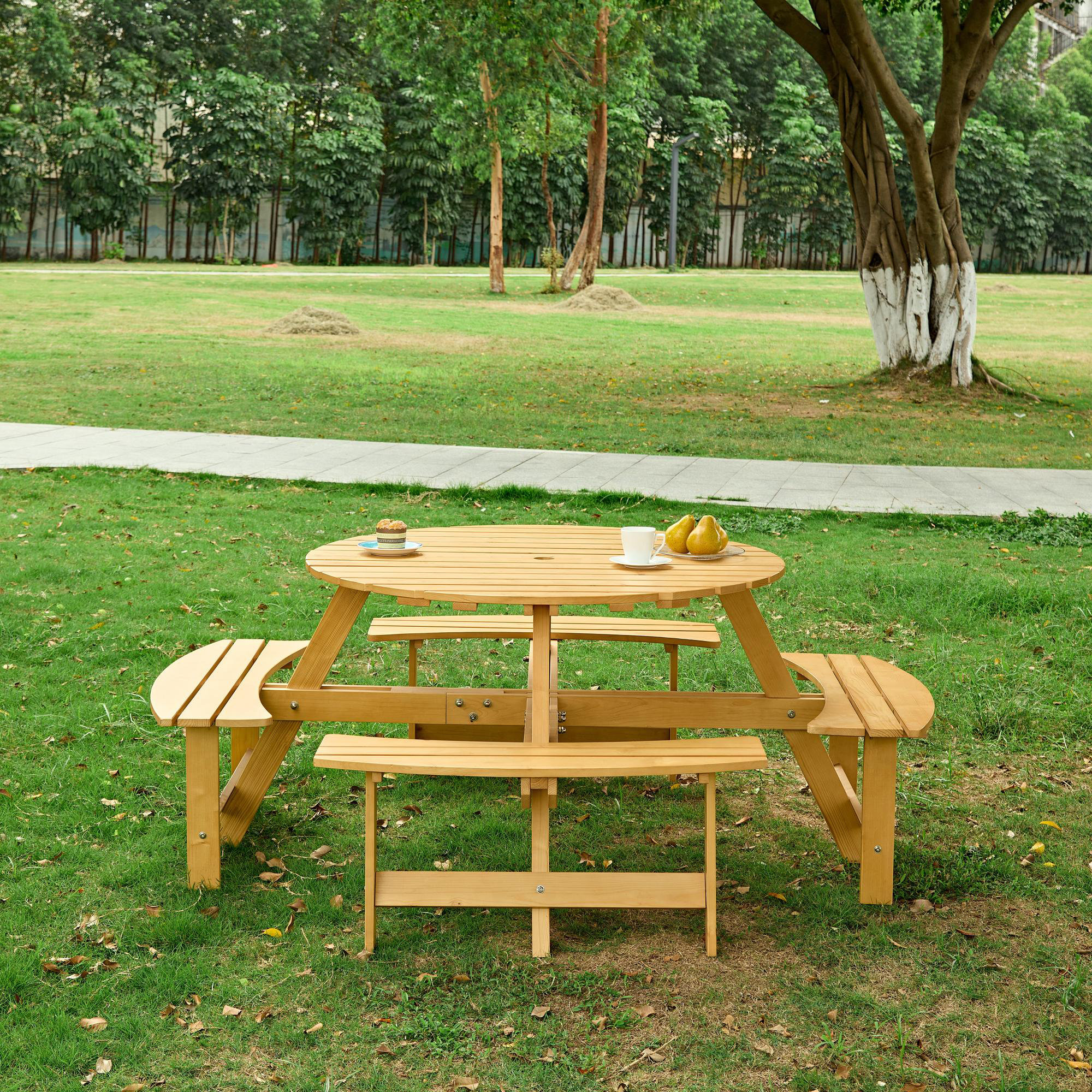 One Allium Way® 8-Person Outdoor Round Picnic Table Set with 4 Built-in ...