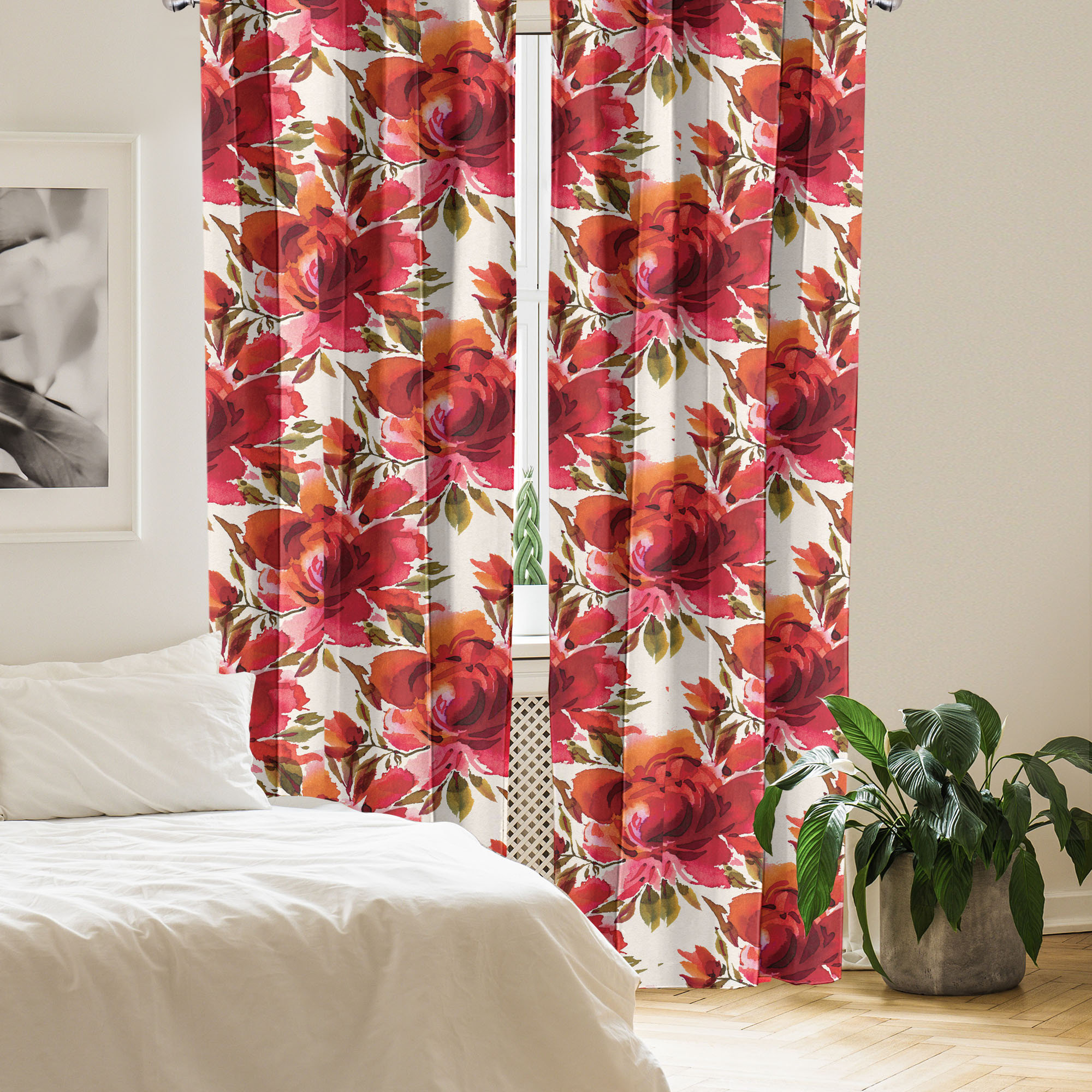 East Urban Home Floral Curtains Red Flowers Watercolor Retro Pair ...