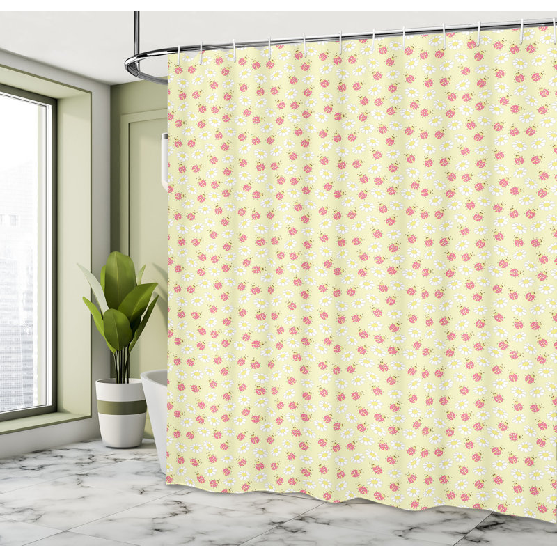 Ophelia & Co. Ladybug Shower Curtain Daisy and Bugs Pattern Pale Yellow ...