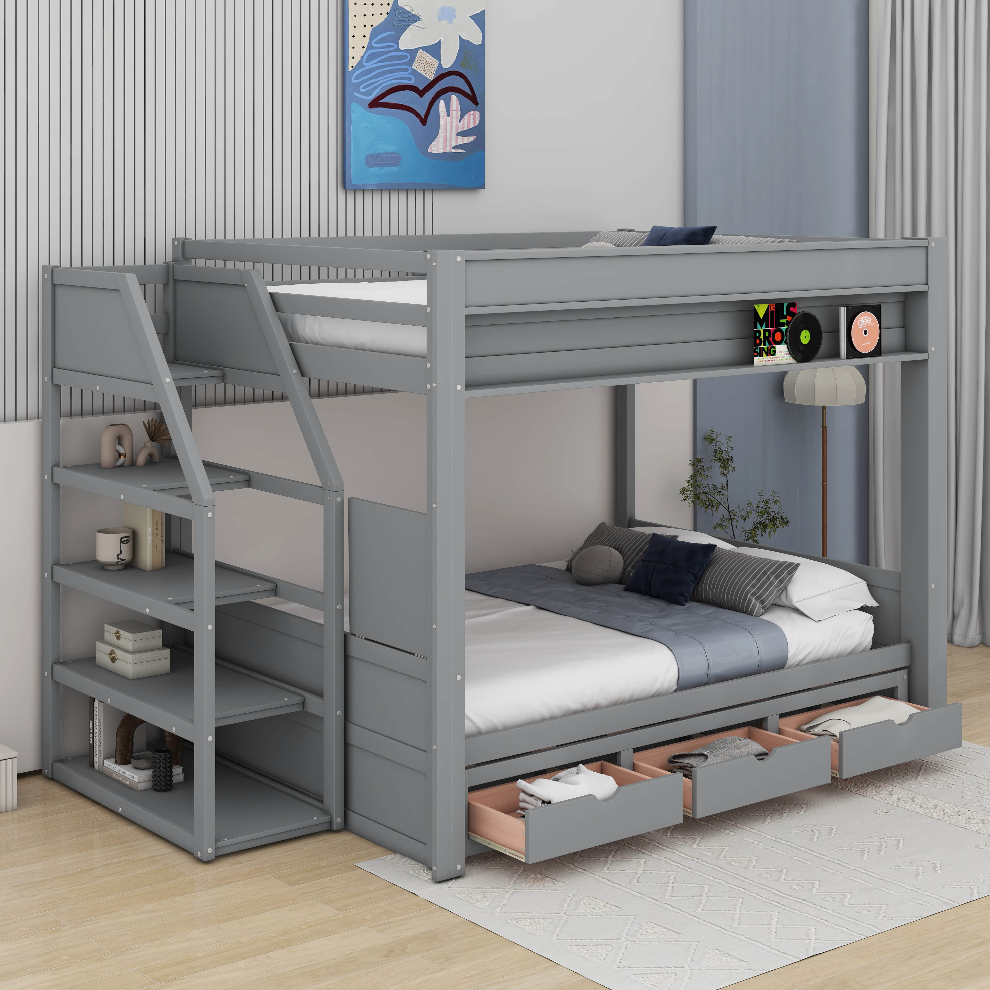 Harriet Bee Wood Full Size Convertible Bunk Bed With Storage Staircase ...