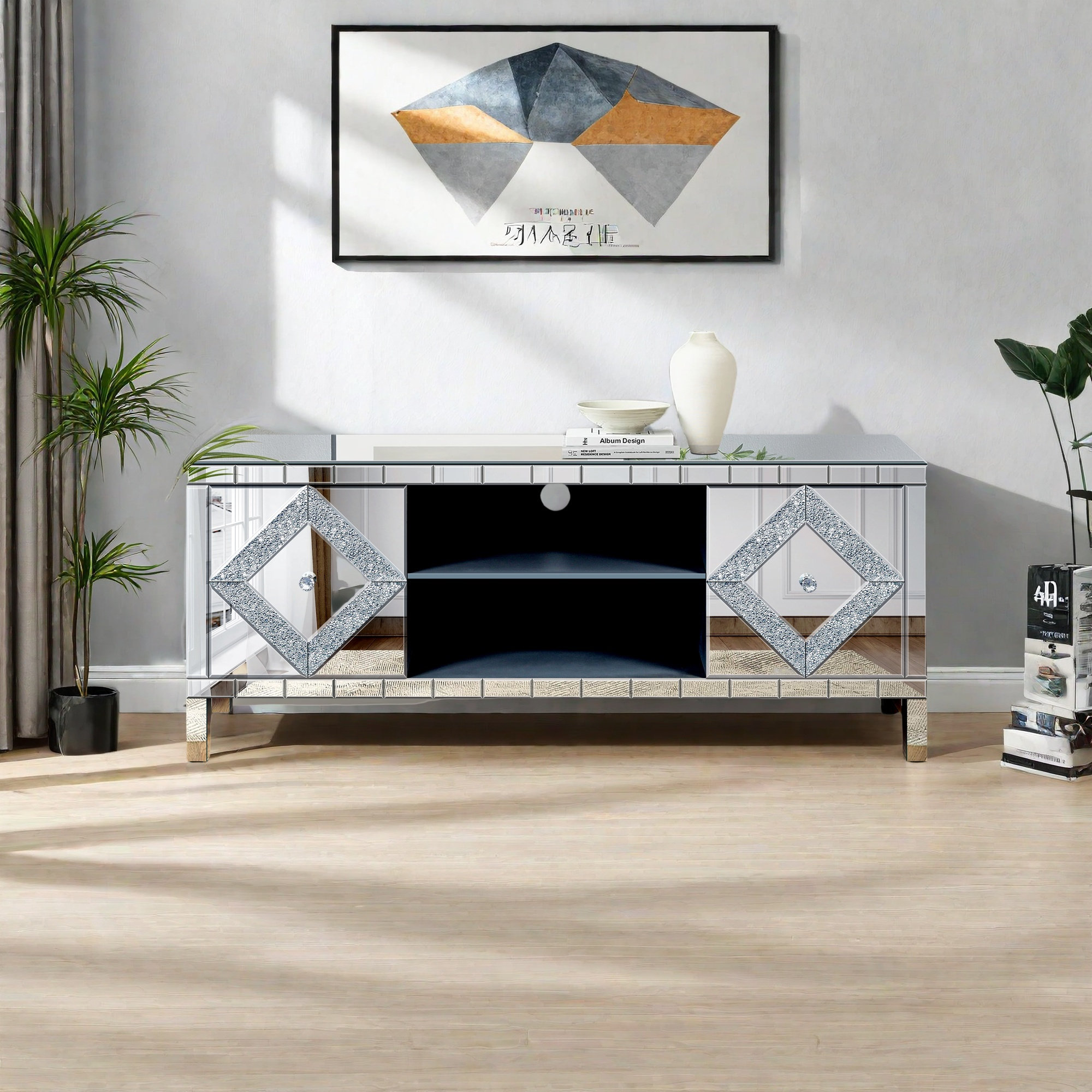 Mercer41 47 Inch Mirror TV Media Console With Diamond Glass Doors, Dual Door Design And Open ...