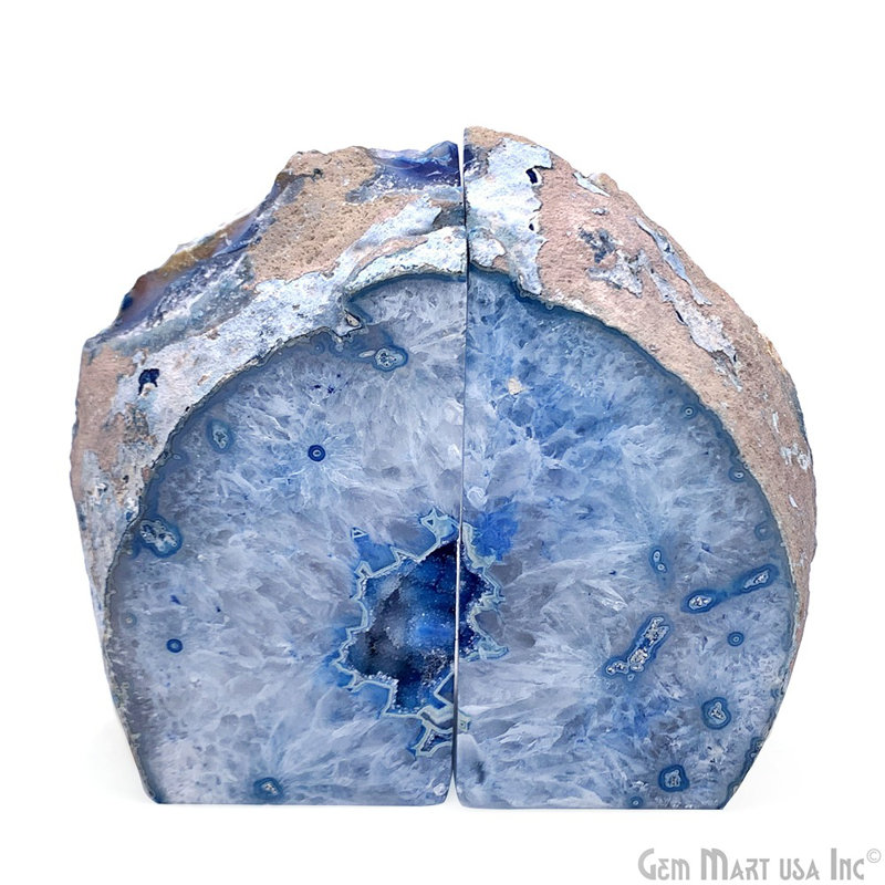 GEMMART USA Blue Geode Bookend, Unique Agate Bookend Pair, Mineral Rock ...