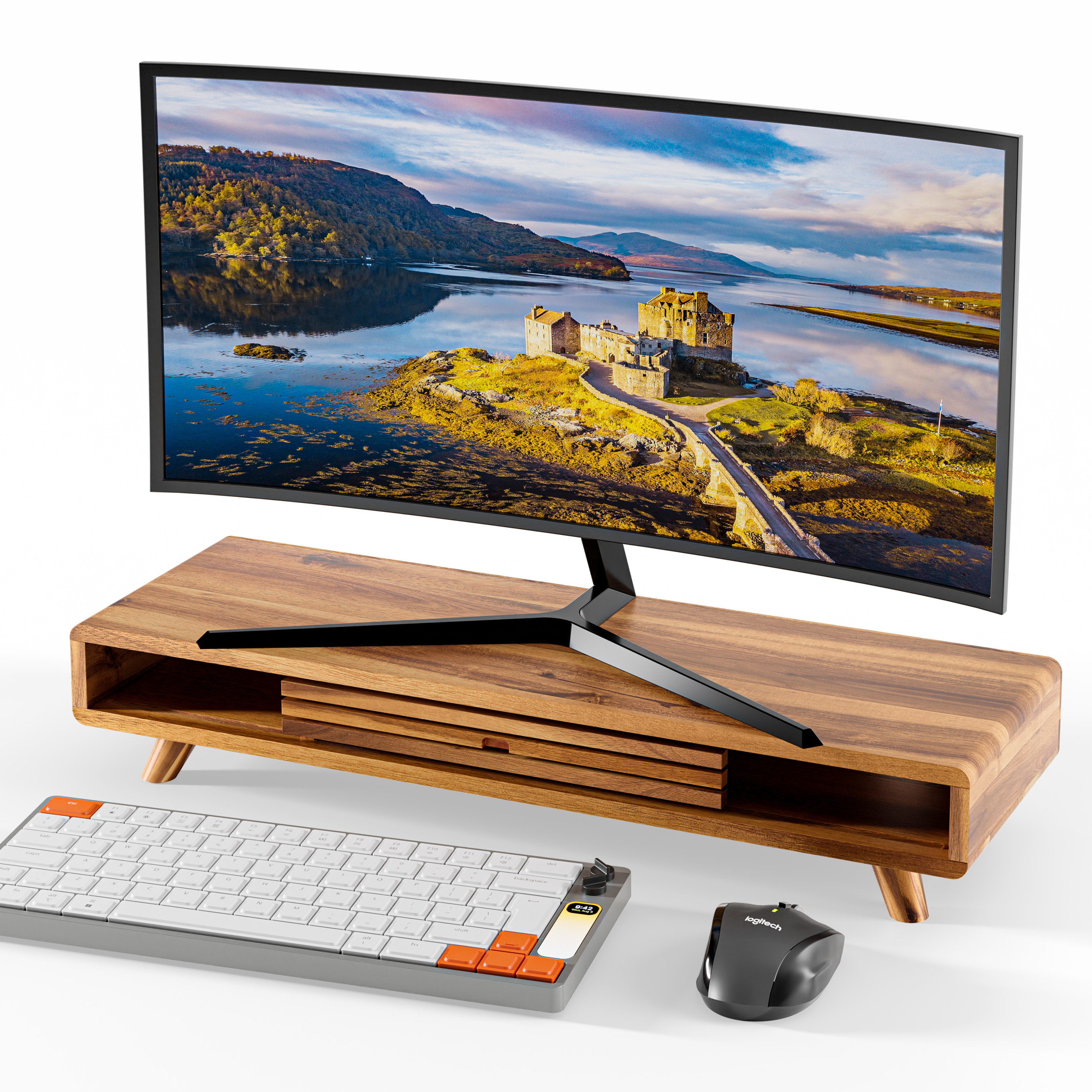 Millwood Pines 24" Acacia Wood Monitor Stand With Sliding Door– Wooden ...