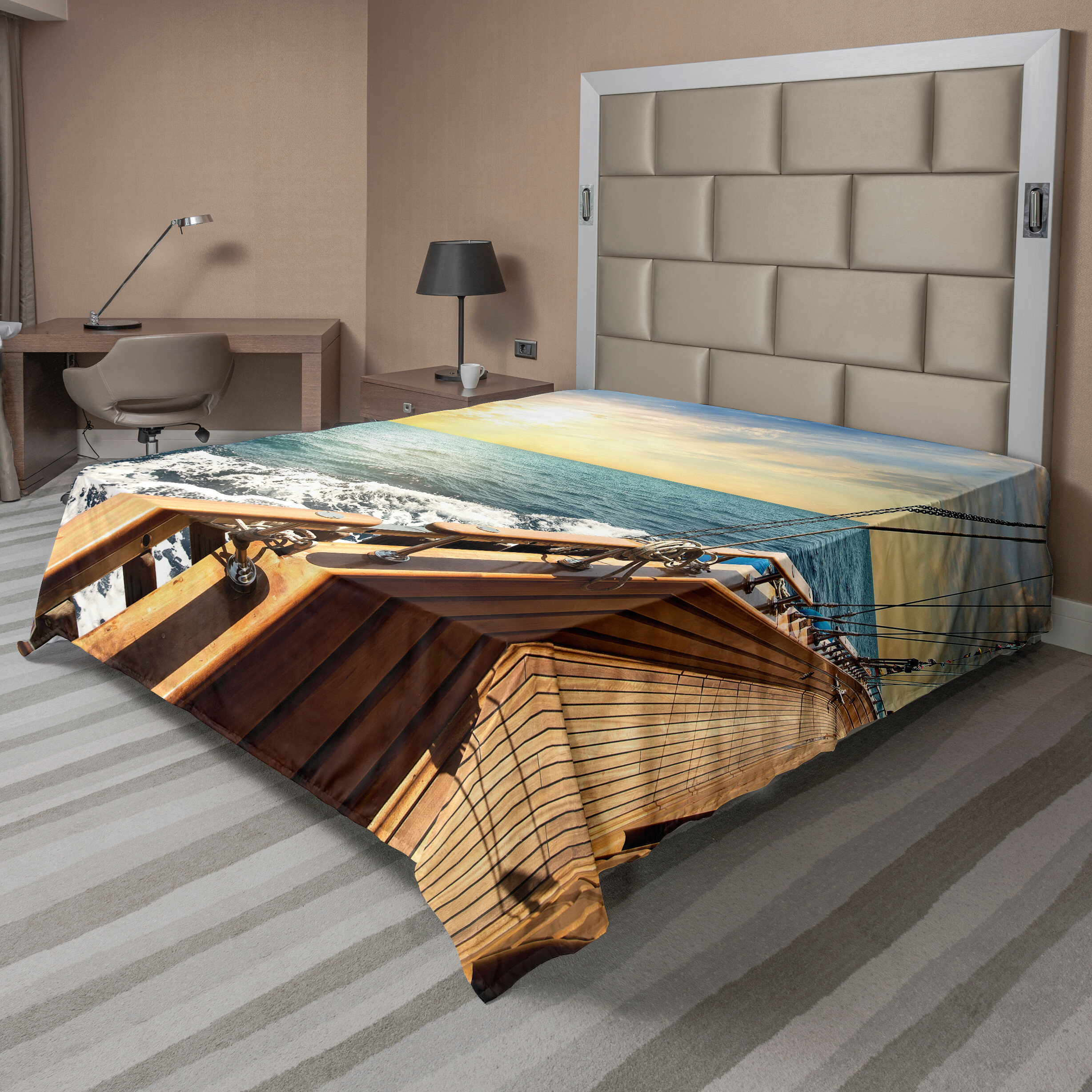 Ambesonne Nautical Top Flat Sheet Sailboat Sunset Sea Cream and Blue ...