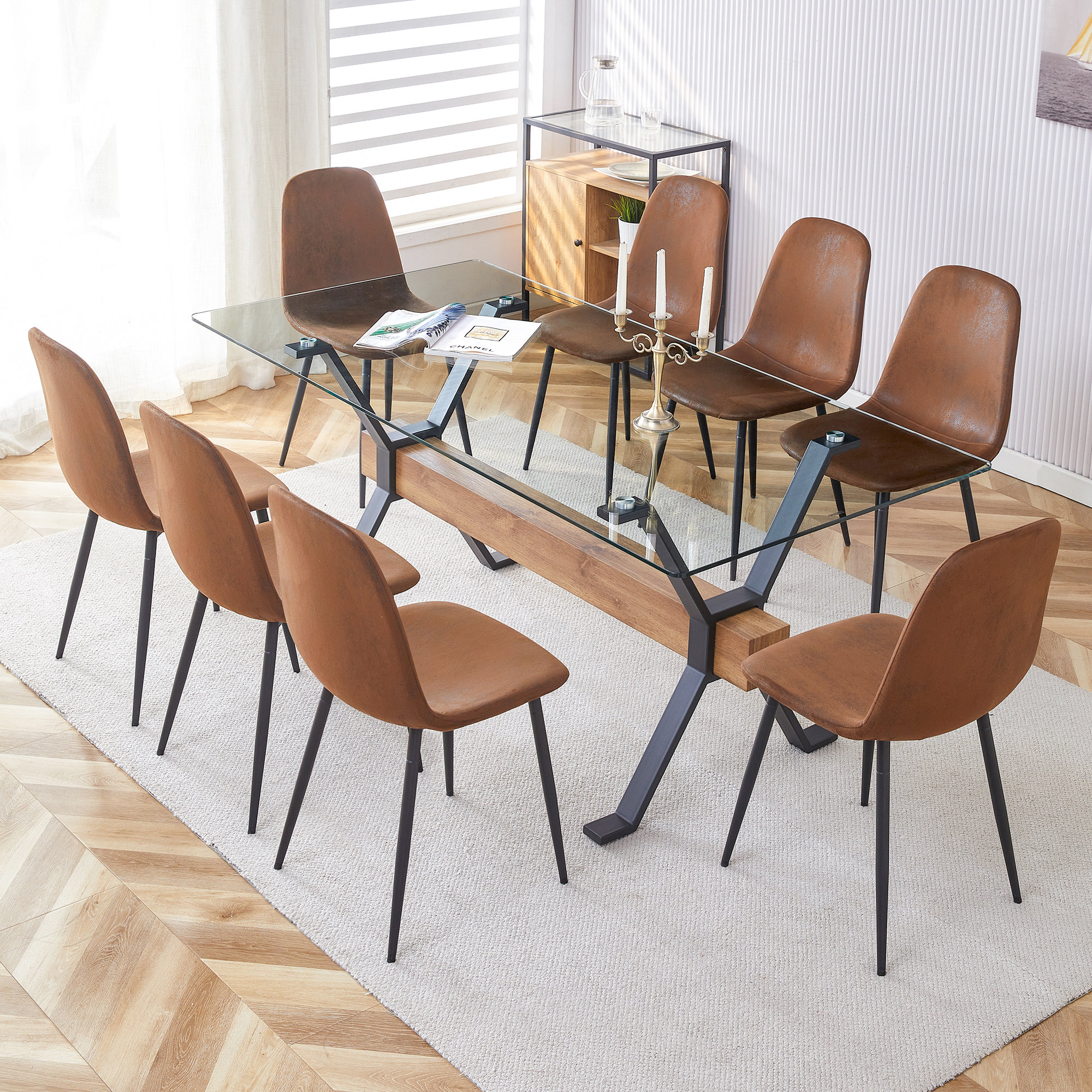 17 Stories 9 - Piece Glass Top Trestle Dining Set | Wayfair