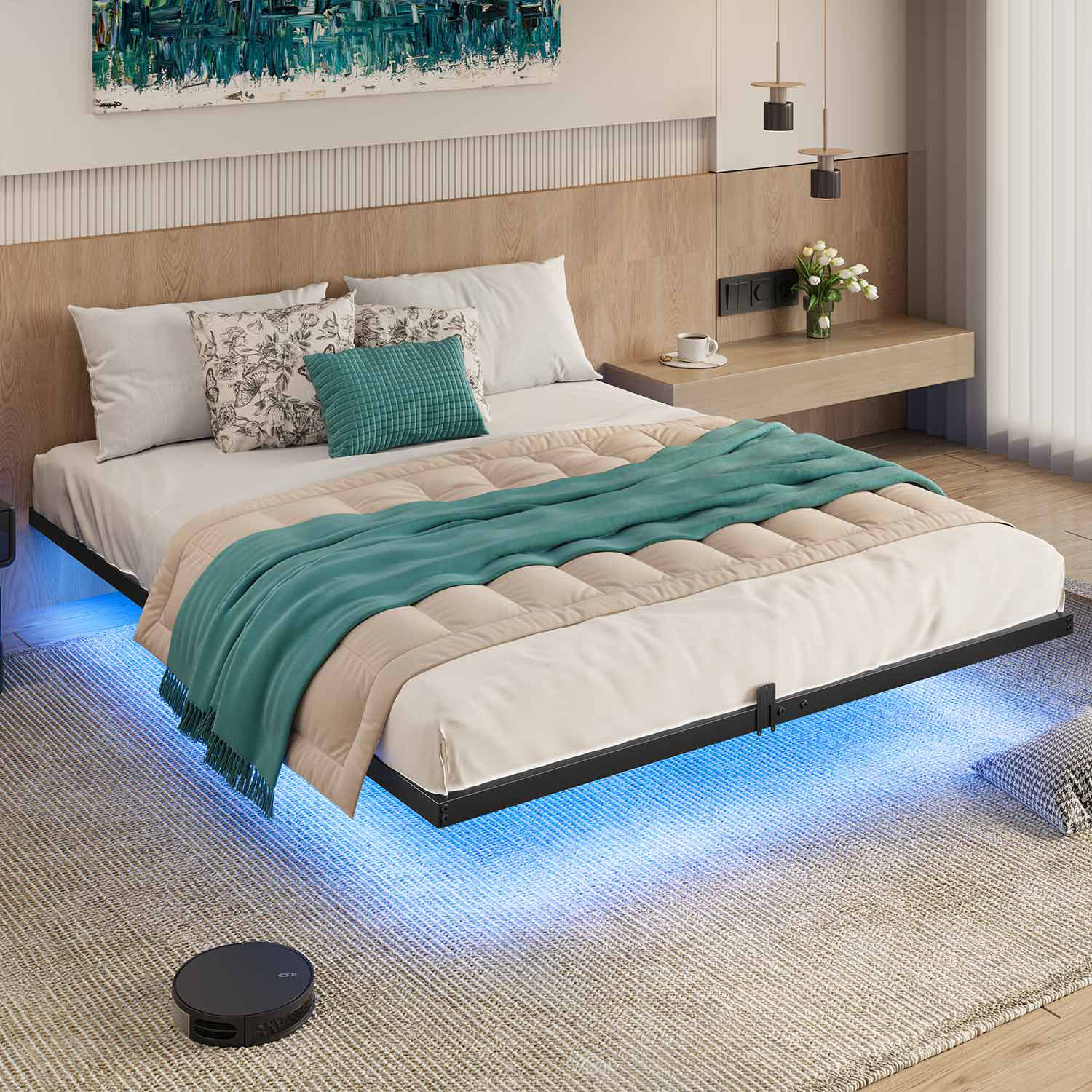 Wrought Studio™ Floating Bed Frame Queen Size With Led Lights, Metal ...