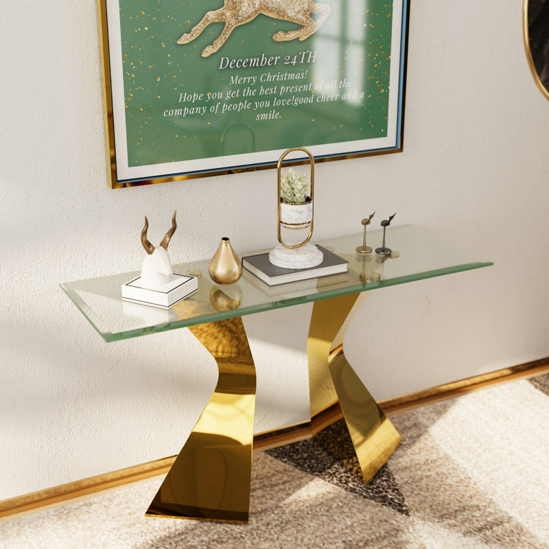 Mercer41 Glass Console Table with Waved Gold Legs | Wayfair