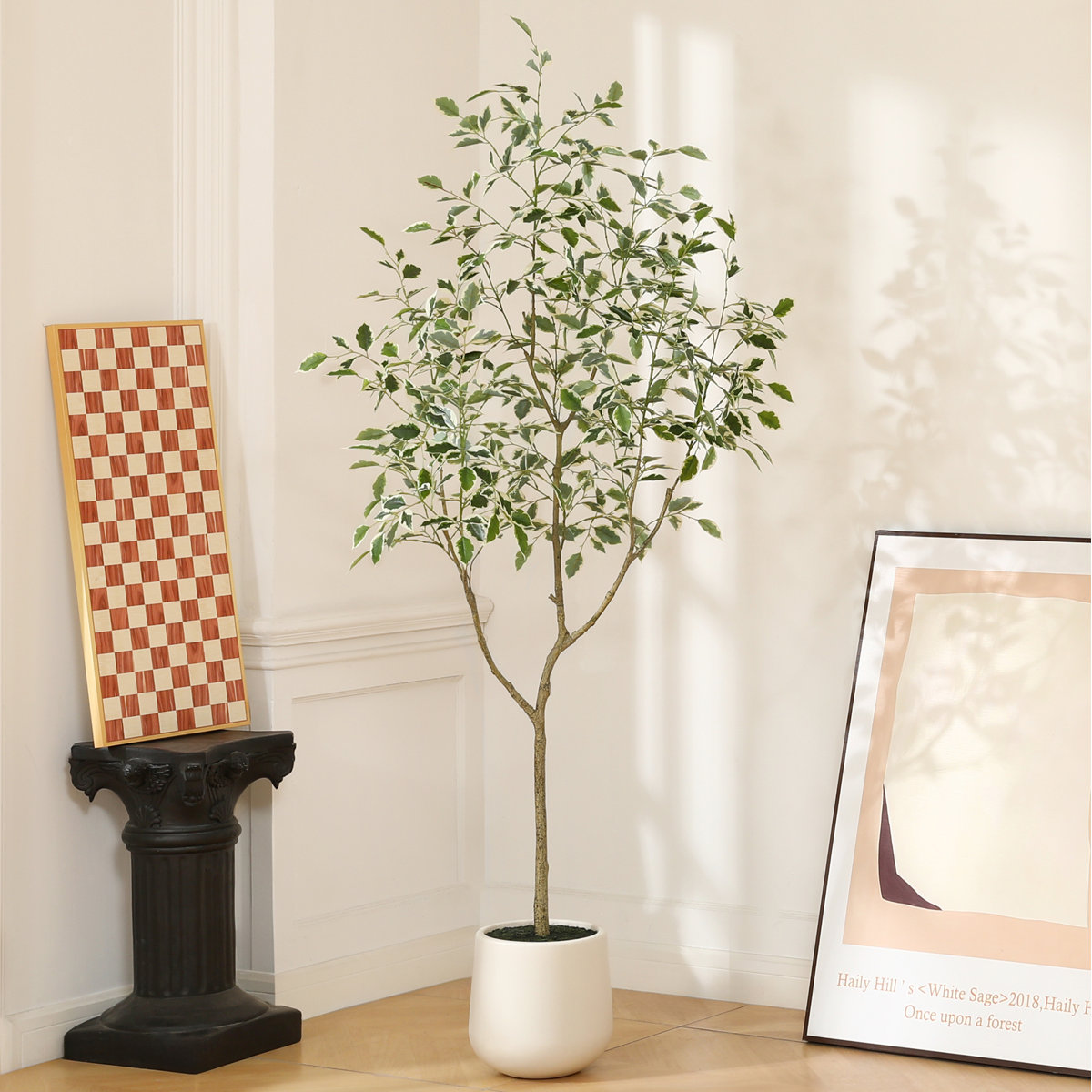 Primrue Adcock Faux Ficus Tree with Oval White Planter, Pre Potted Faux ...