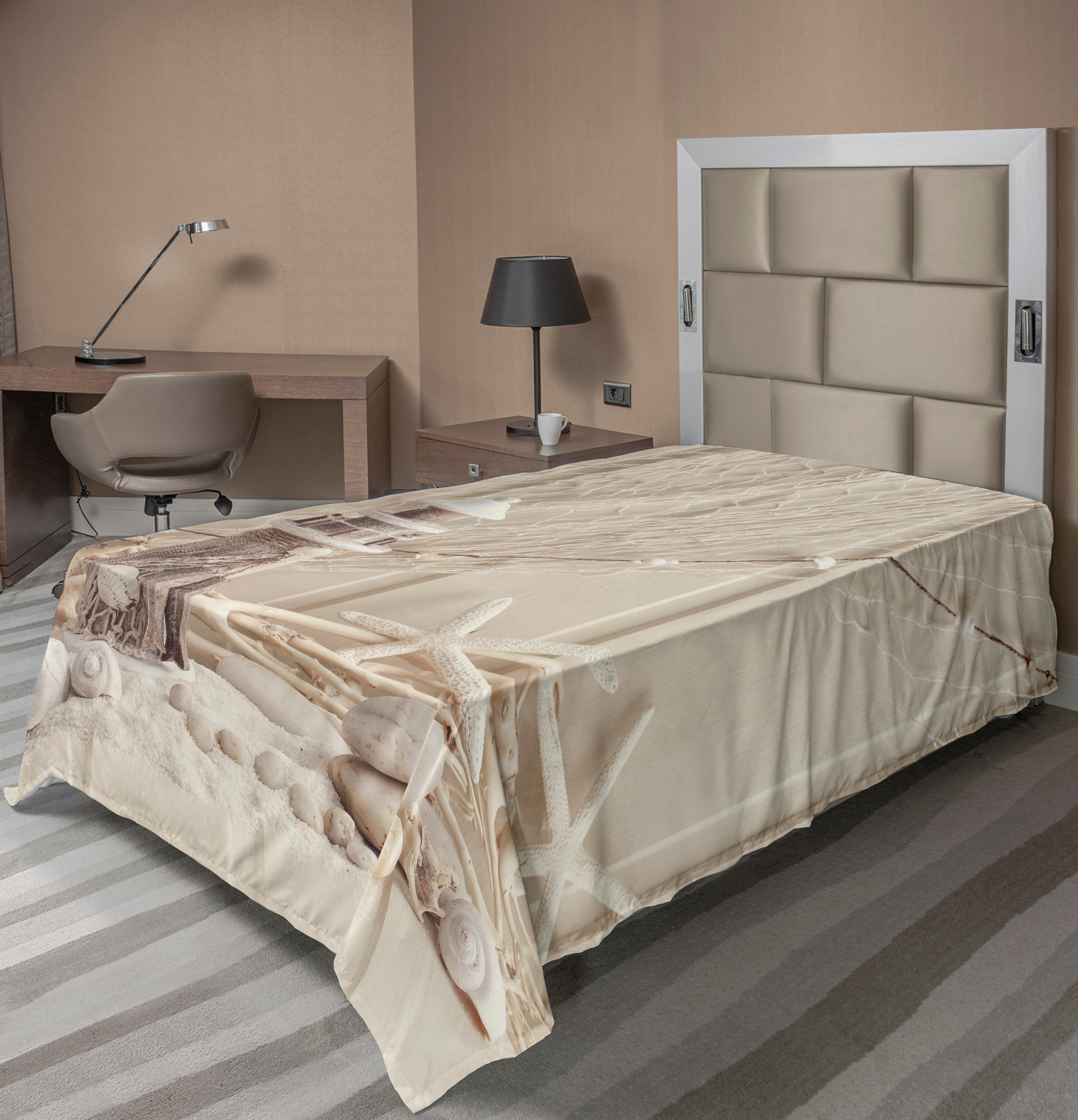 Ambesonne Underwater Top Flat Sheet Marine Fishing Net Beige Cream ...