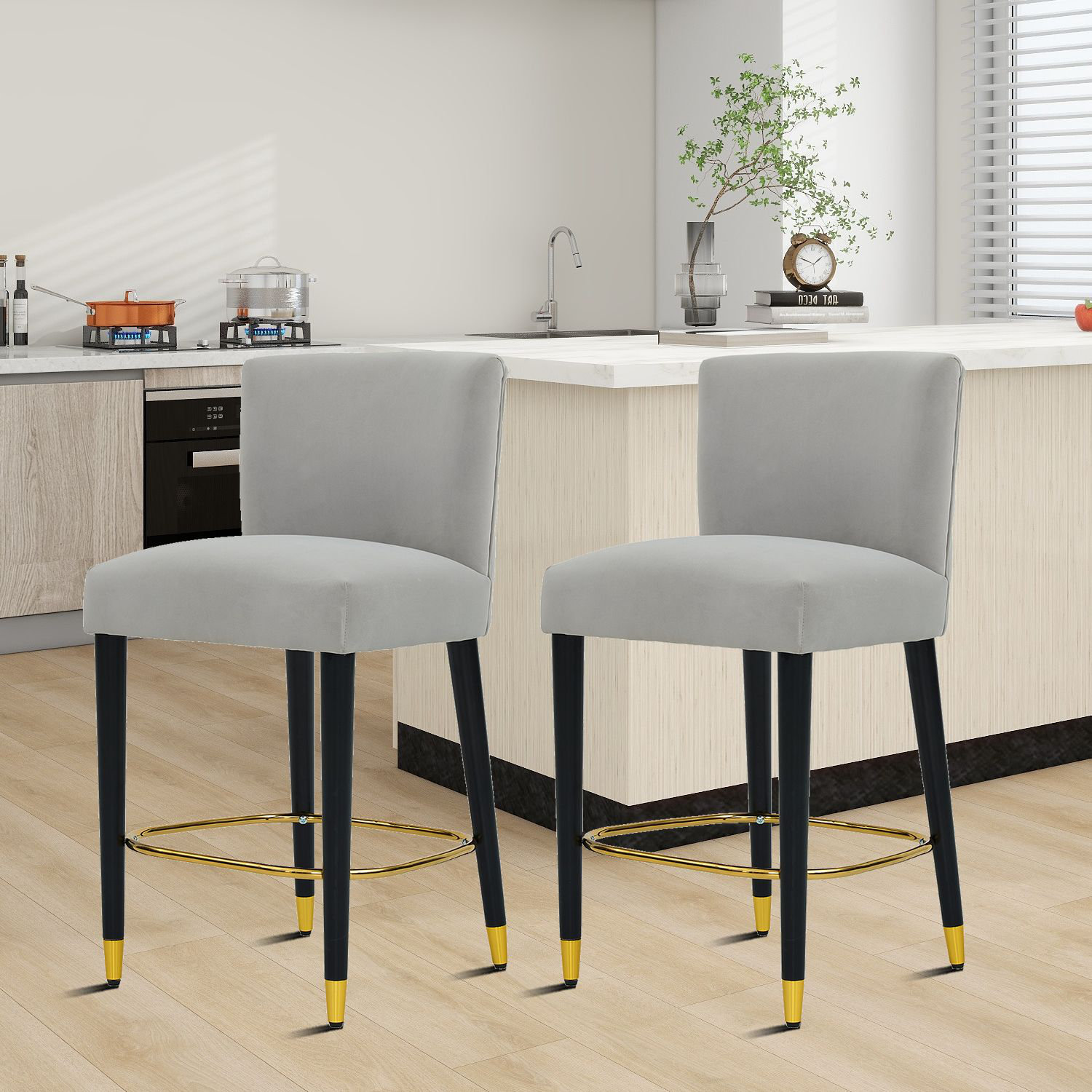 Everly Quinn Modern Upholstered Bar Stools Set of 2 with Gold Footrest ...