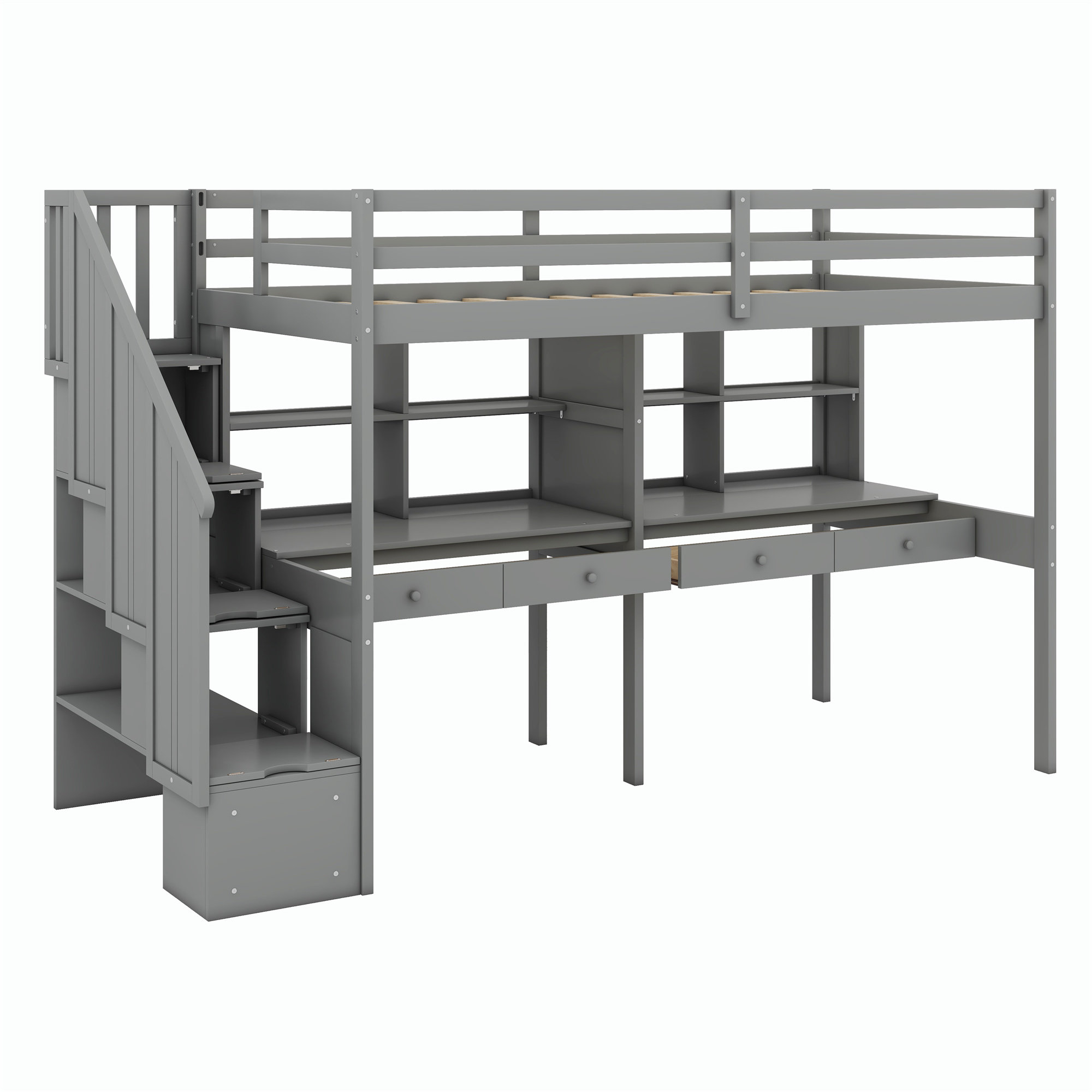 Latitude Run® Loft Bed Frame With Storage Staircase And Double Desks ...