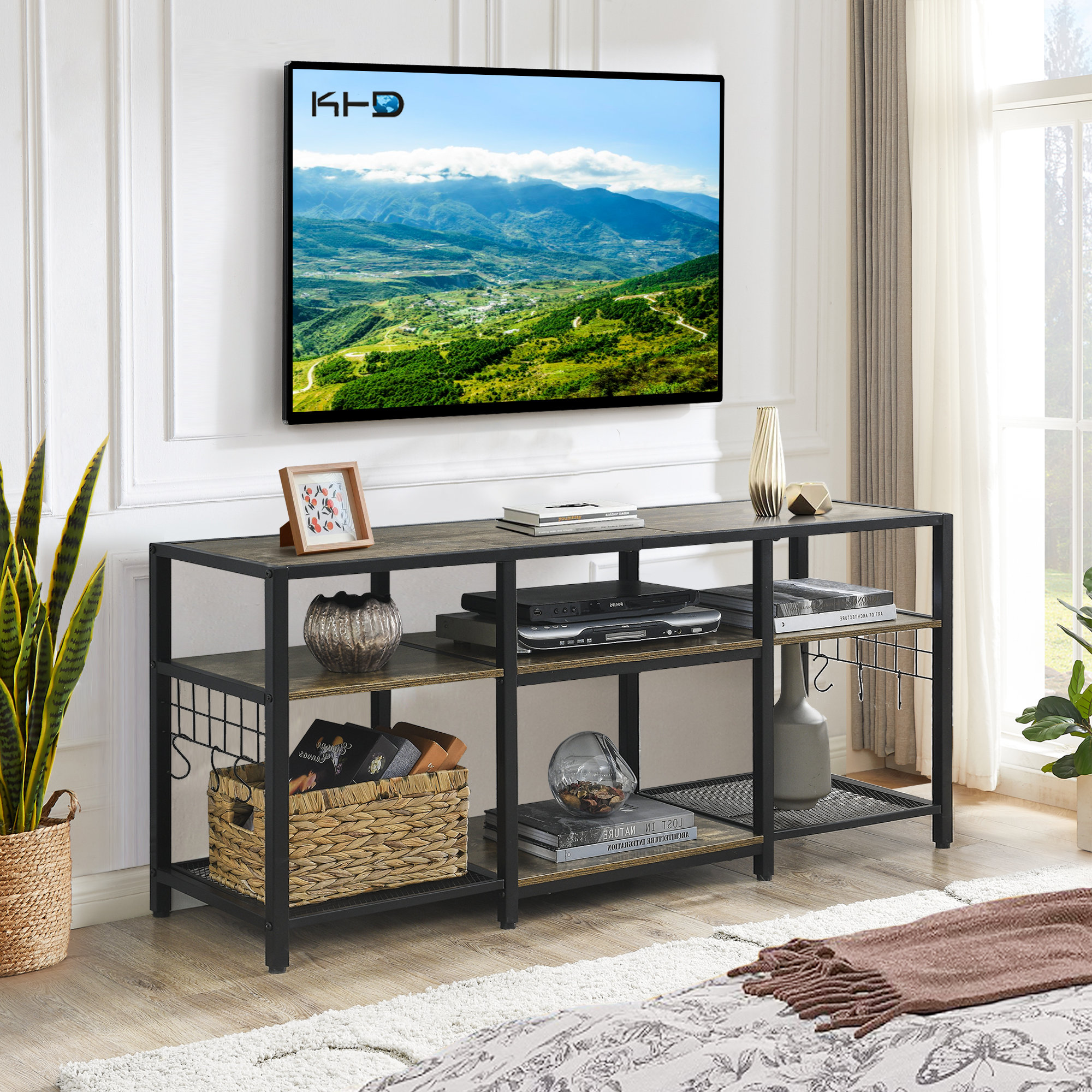 17 Stories Meuble télé avec console de rangement ouverte à 3 niveaux ...
