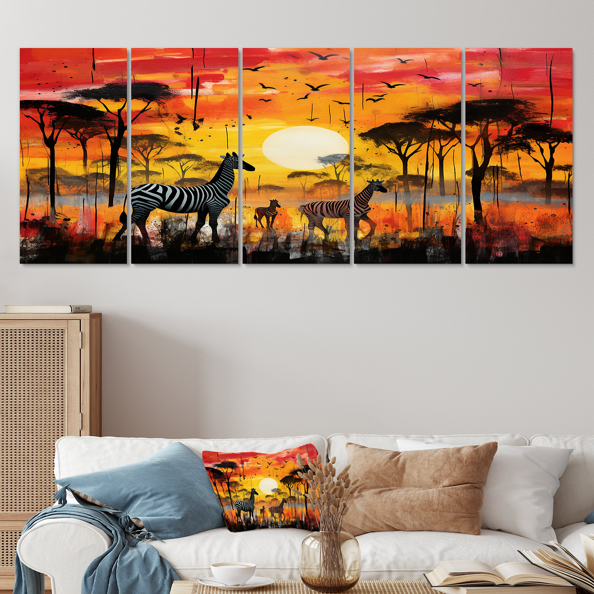 Design Art Zebra Roaming In The Savanna Under The Setting Sun - Zebra ...
