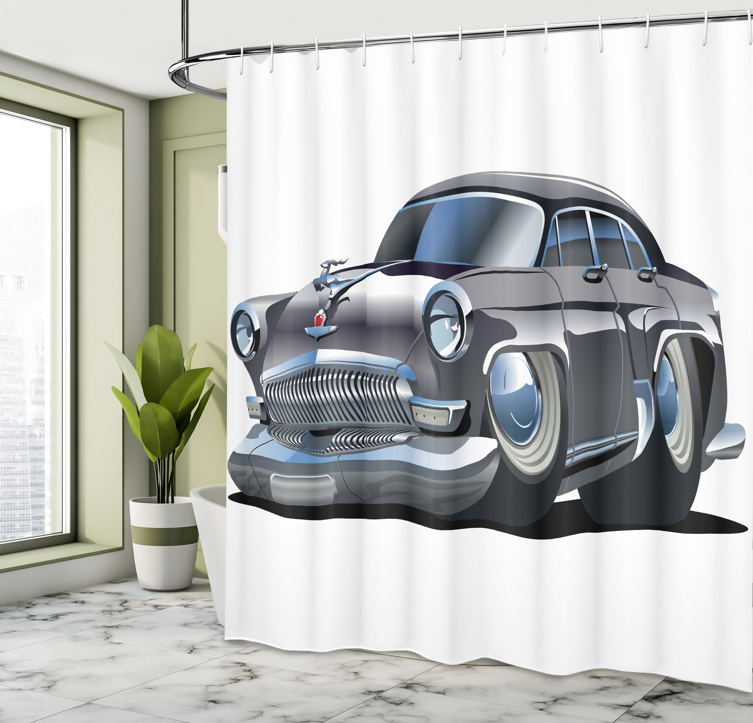 East Urban Home Cars Shower Curtain Retro Design Asymmetric Grey Dark ...
