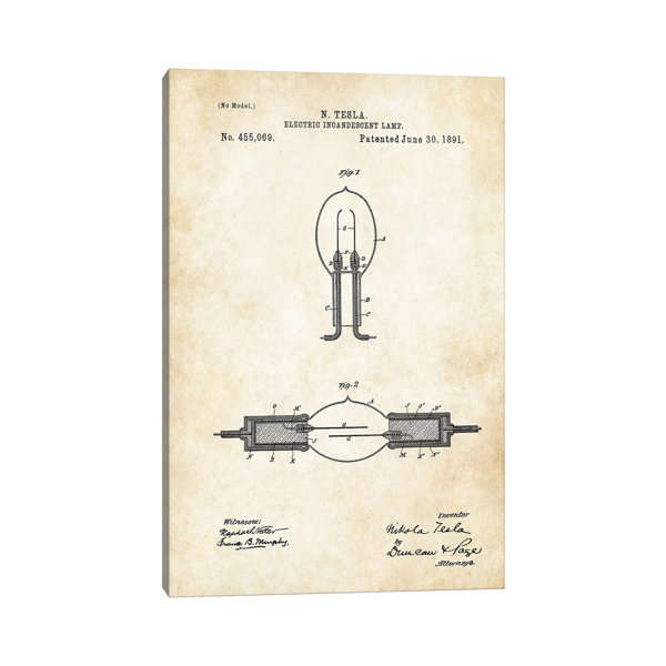 East Urban Home " Nikola Tesla Light Bulb " by Patent77 on Canvas | Wayfair