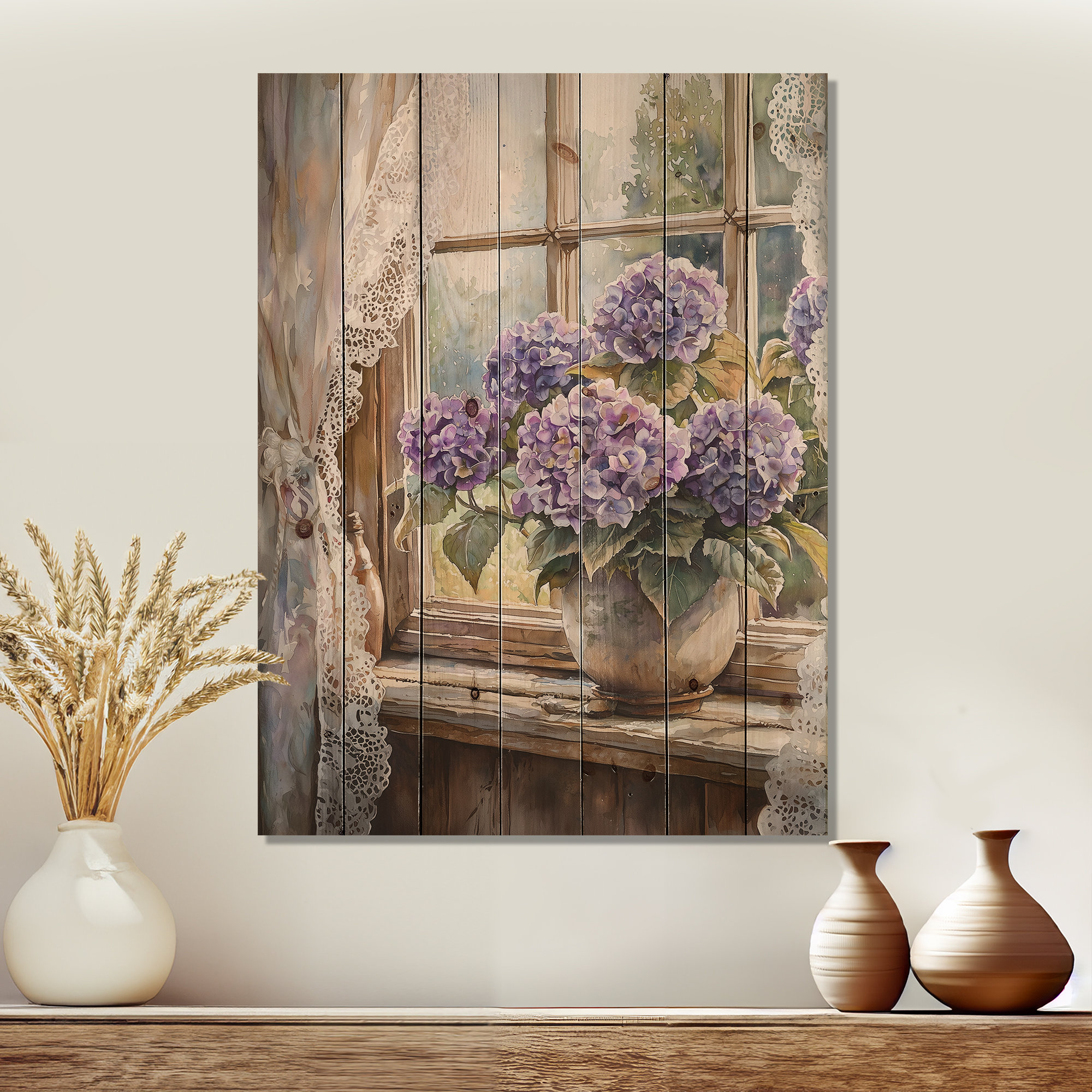 Design Art Hydrangeas By The Farmhouse Window II - Hydrangea Wood Wall ...
