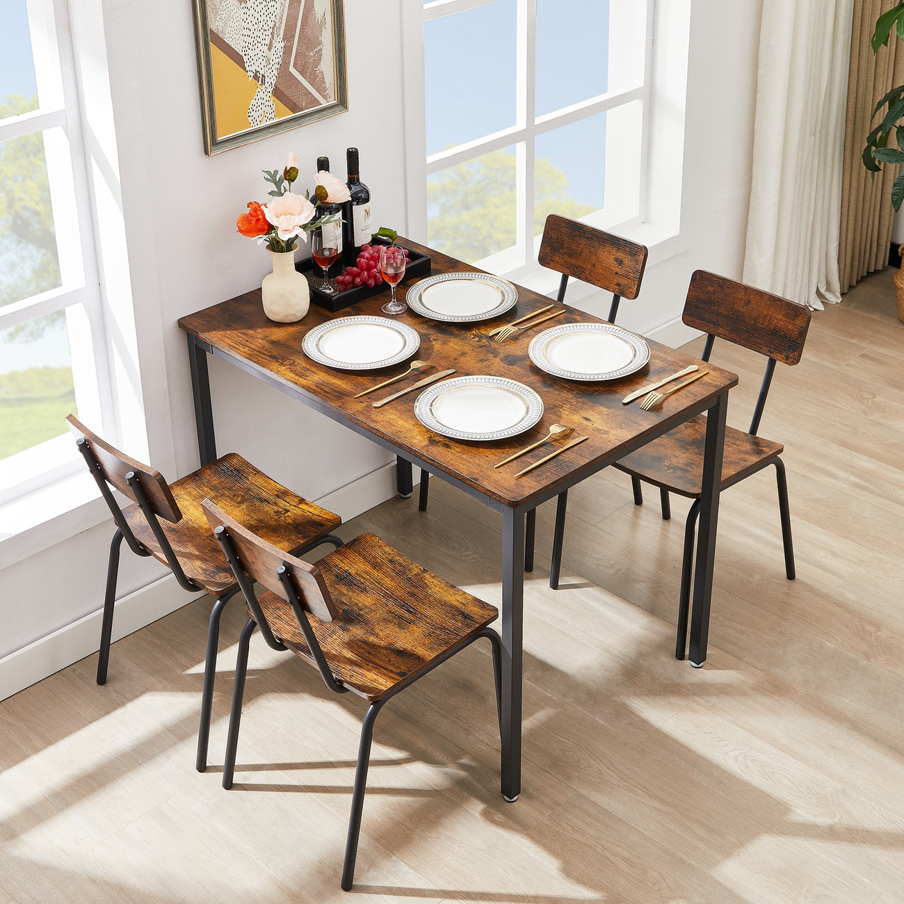 Ebern Designs Dining Table Set With 4 Chairs With Curved Back And ...