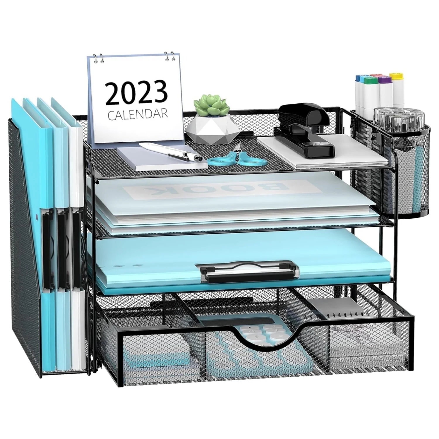 Inbox Zero 4-Tier Metal Desk Organizer With File Holder, 1 Drawer, 2 ...