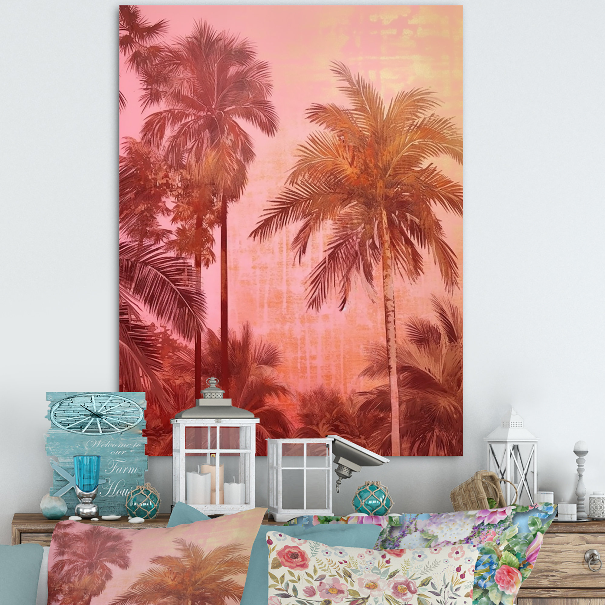 Wrought Studio™ Vintage Pink Palm Trees Shadows III - Palms & Palm ...