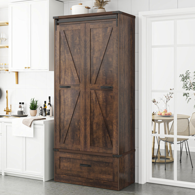 Gracie Oaks Tall Rustic Storage Cabinet With Barn Doors & Drawer ...