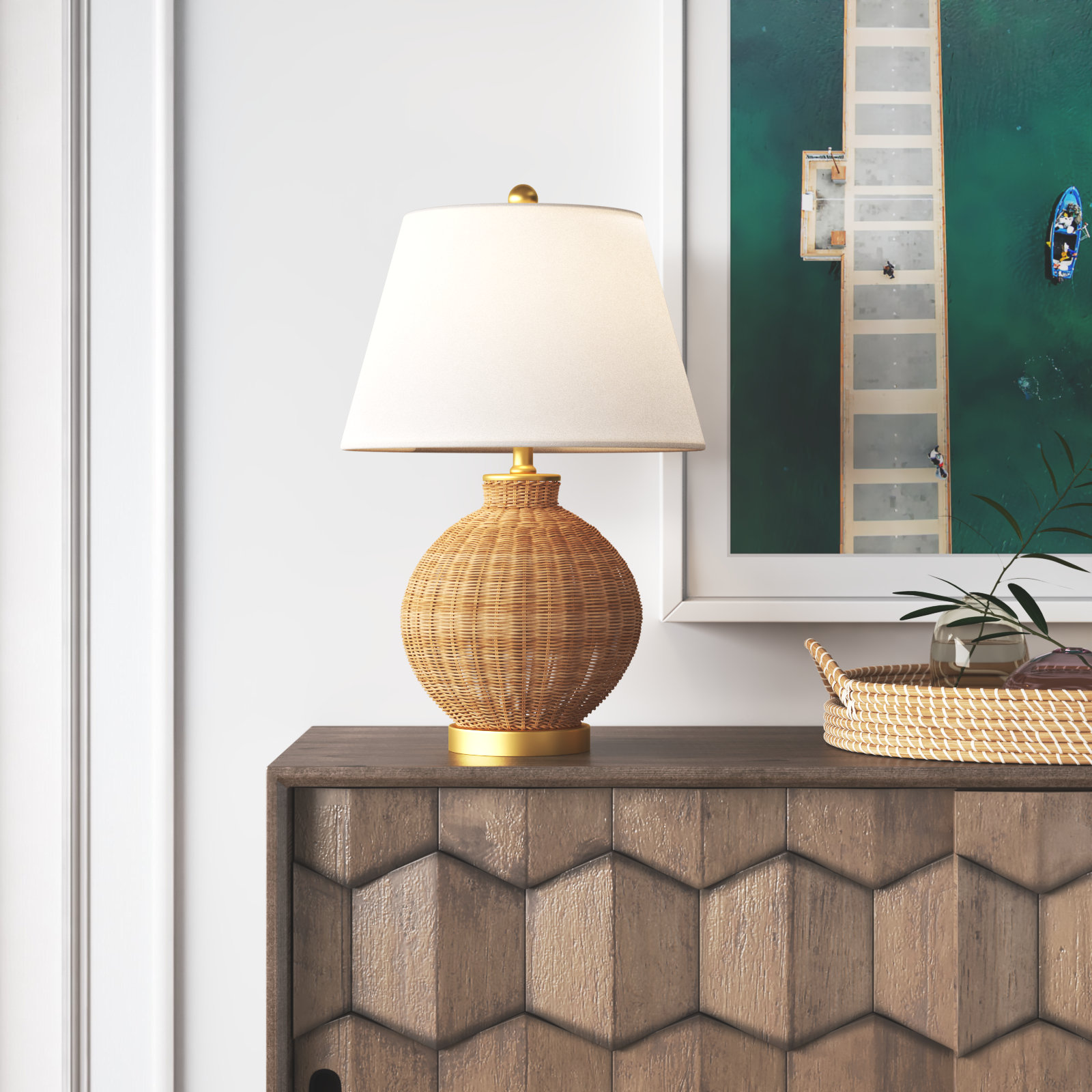 Beachcrest Home Debi 23 Inch, Natural/Brass, Rattan/Iron Table Lamp ...