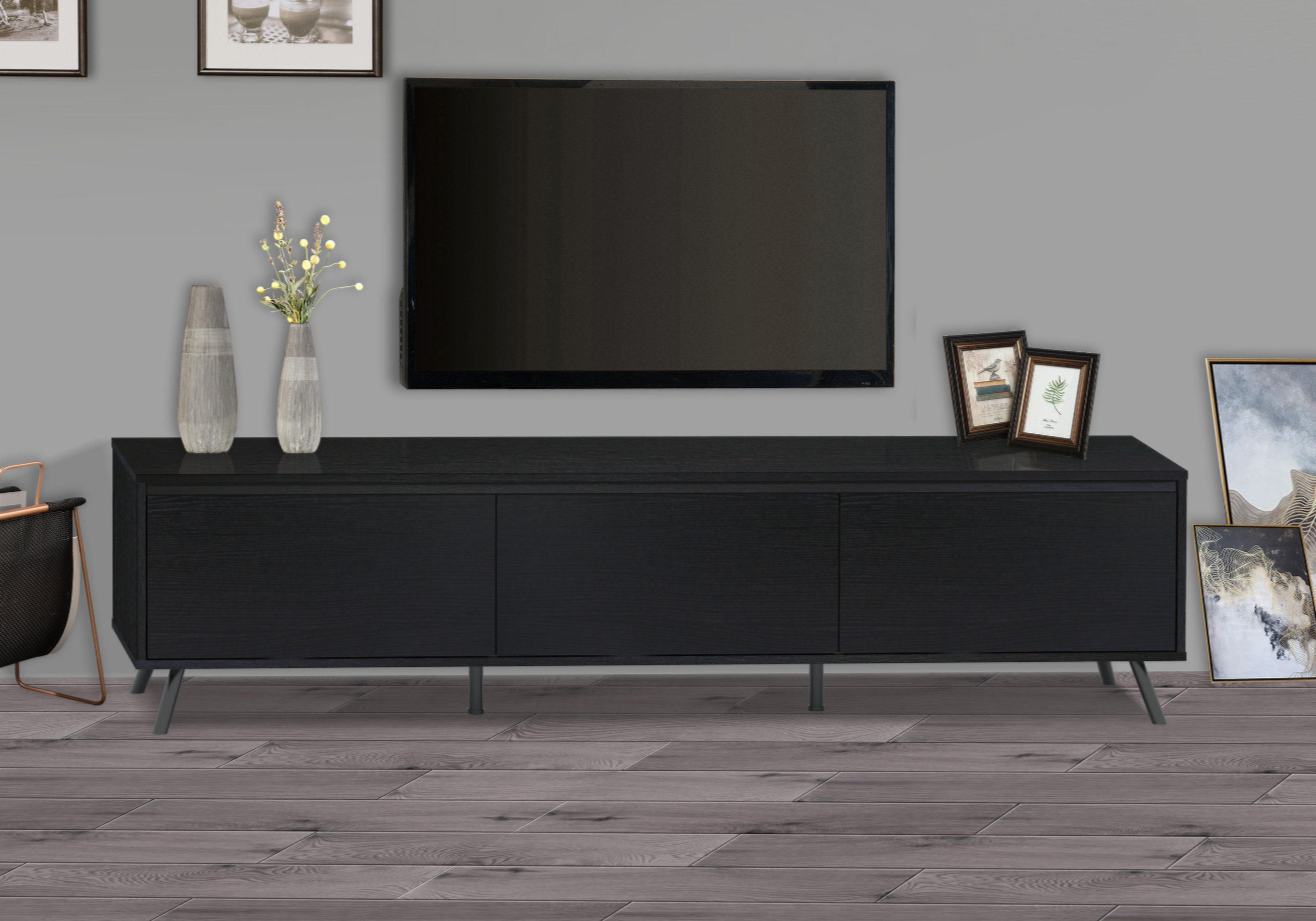 George Oliver 71" TV STAND With 3 Door Black Oak Modern Media Console ...