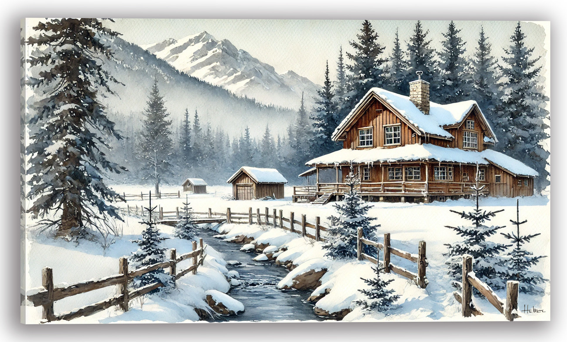 Millwood Pines Mountain Winter Homestead: Snow-Covered Cabin Landscape ...