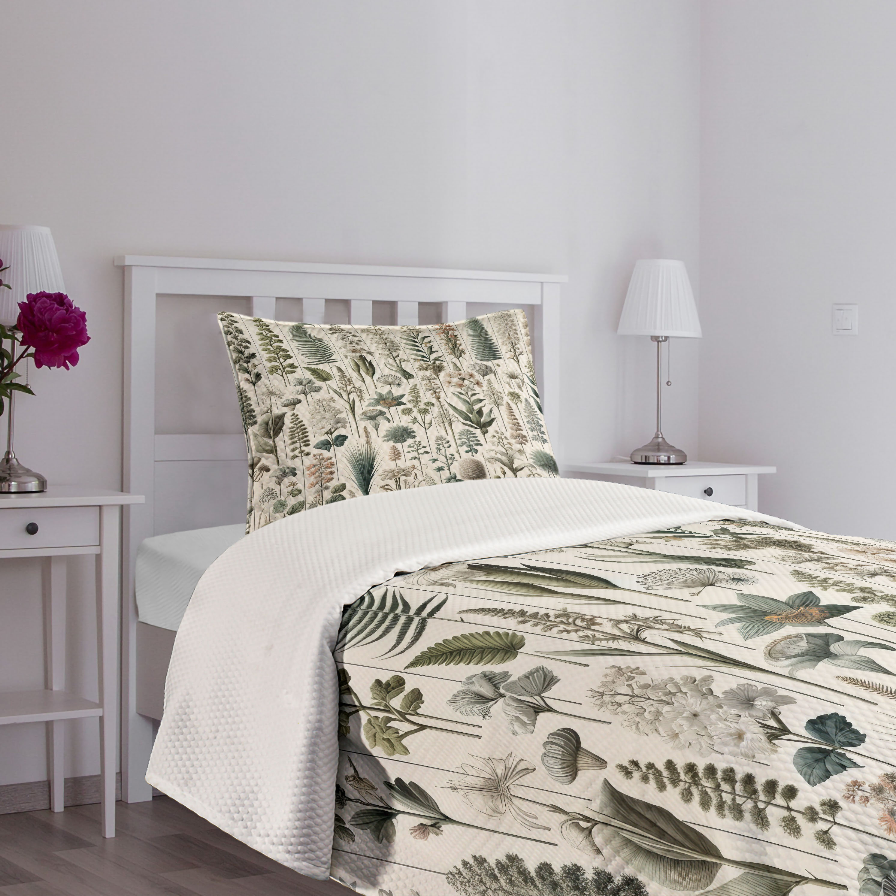 Ambesonne Neutral Bedspread Set Botanical Illustration Art Pale Reseda ...