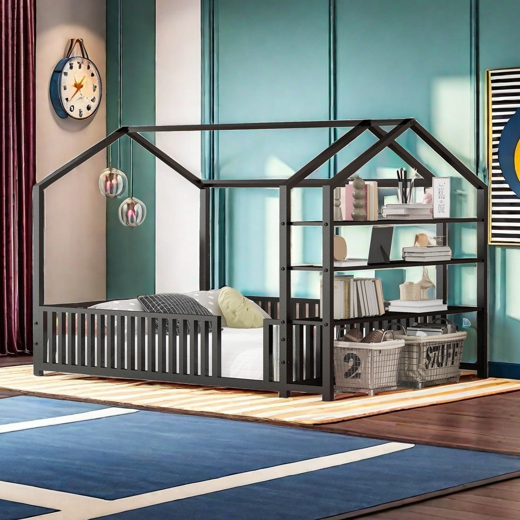 Harper Orchard Metal House Bed With Fence And Detachable Storage ...