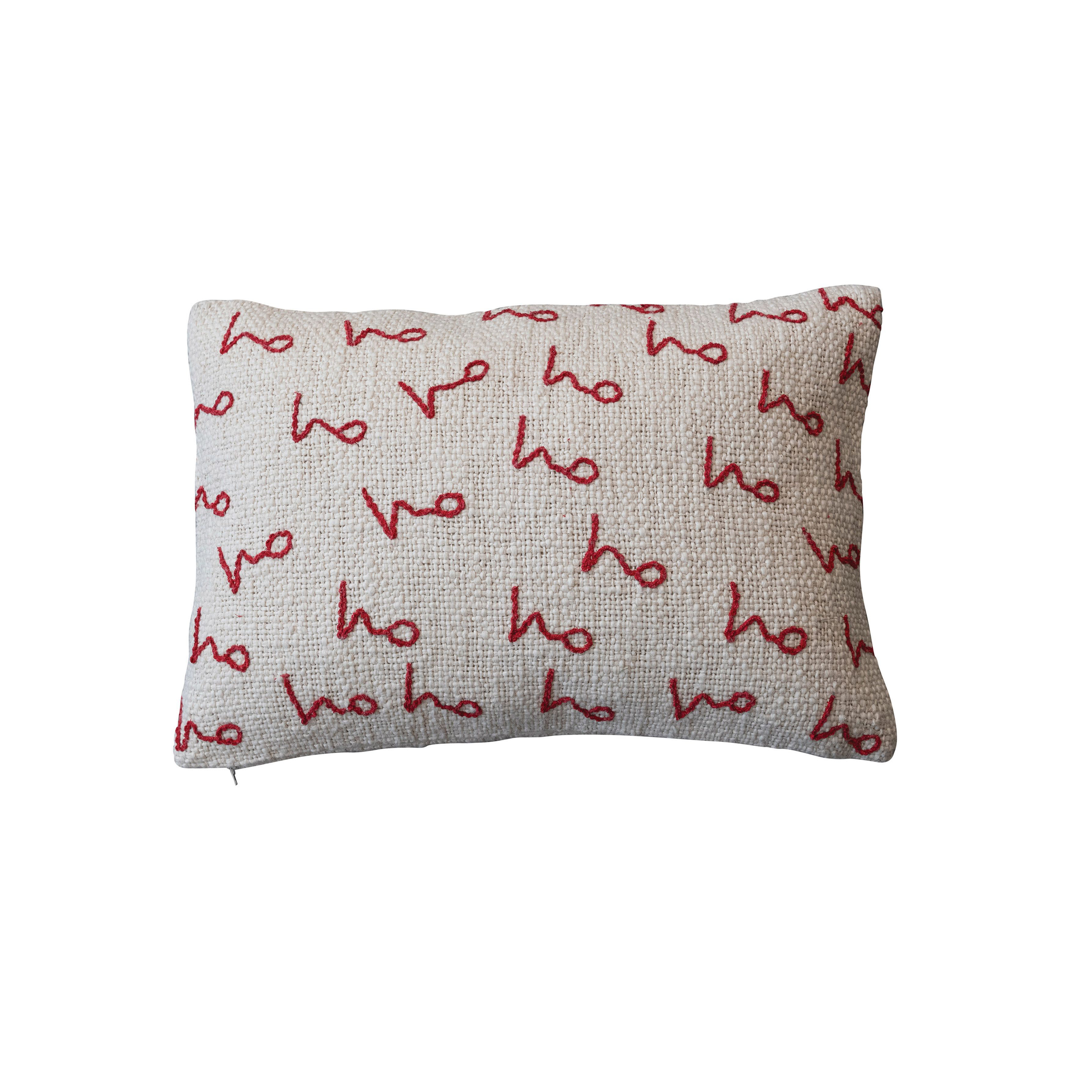 Creative Co-Op Woven Cotton Slub Lumbar Pillow With Embroidered "Ho Ho ...