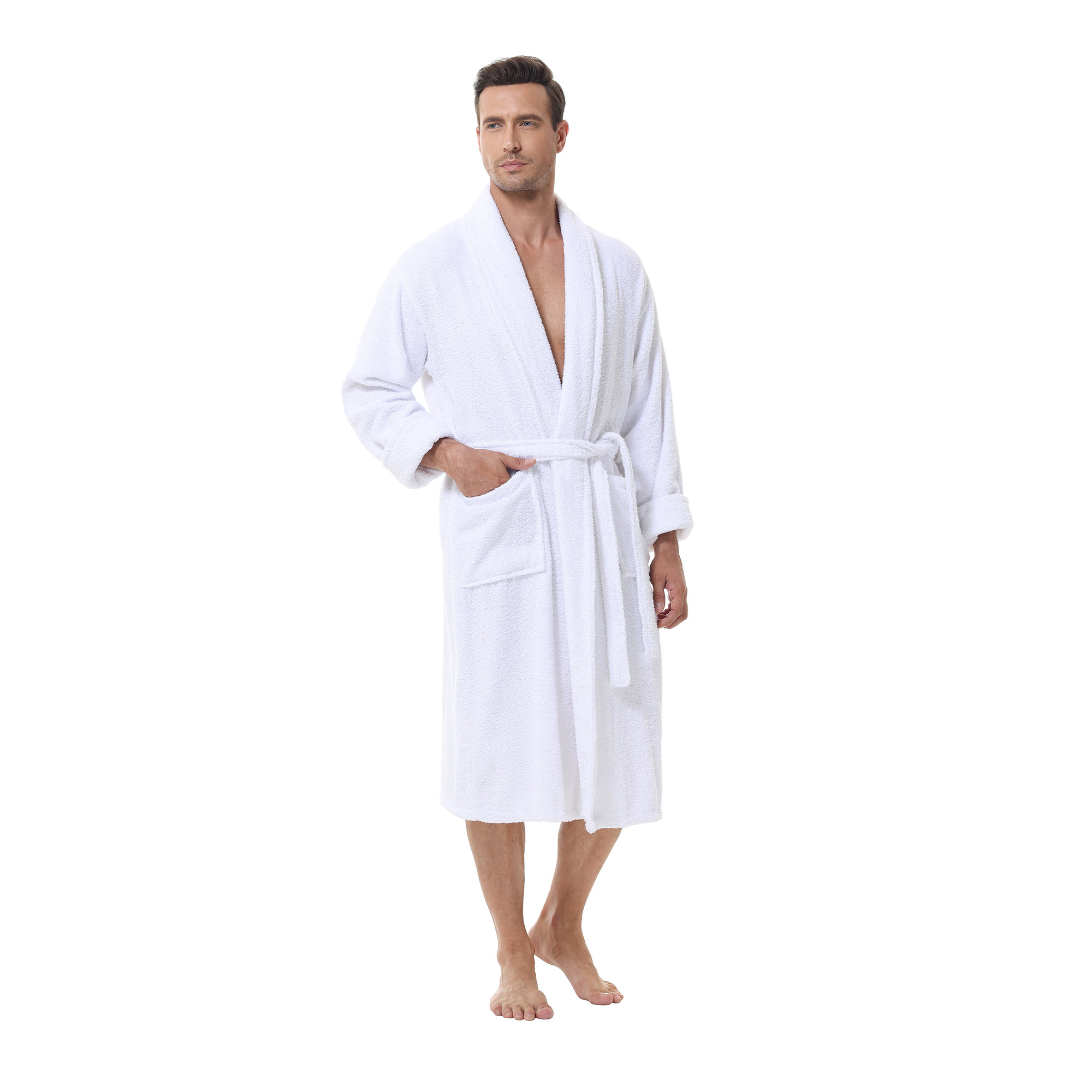 Ebern Designs Abida Cotton Terry Cloth Mid-Calf Bathrobe with Pockets ...