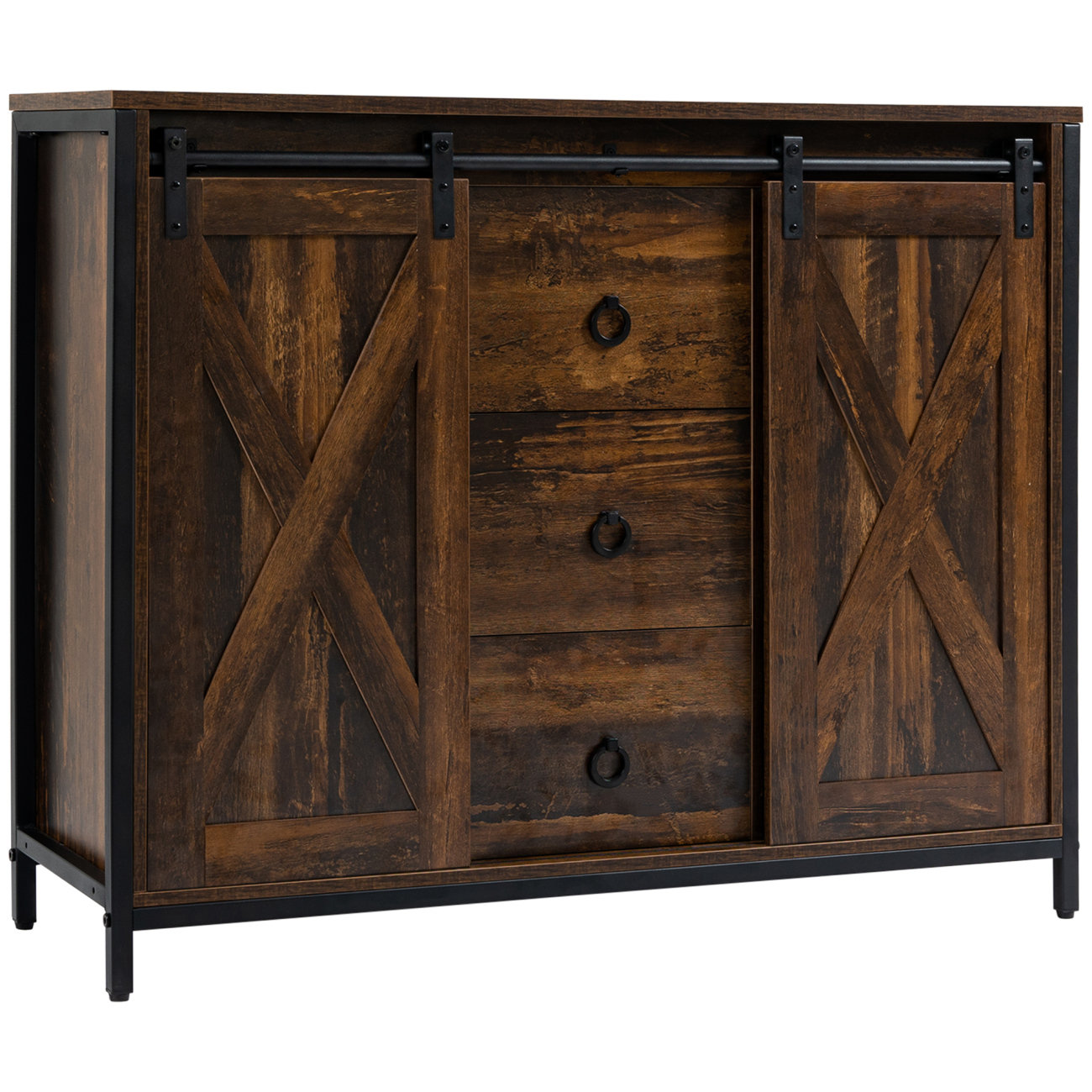 Gracie Oaks Industrial Farmhouse Buffet Cabinet, Kitchen Sideboard With Sliding Barn Doors ...