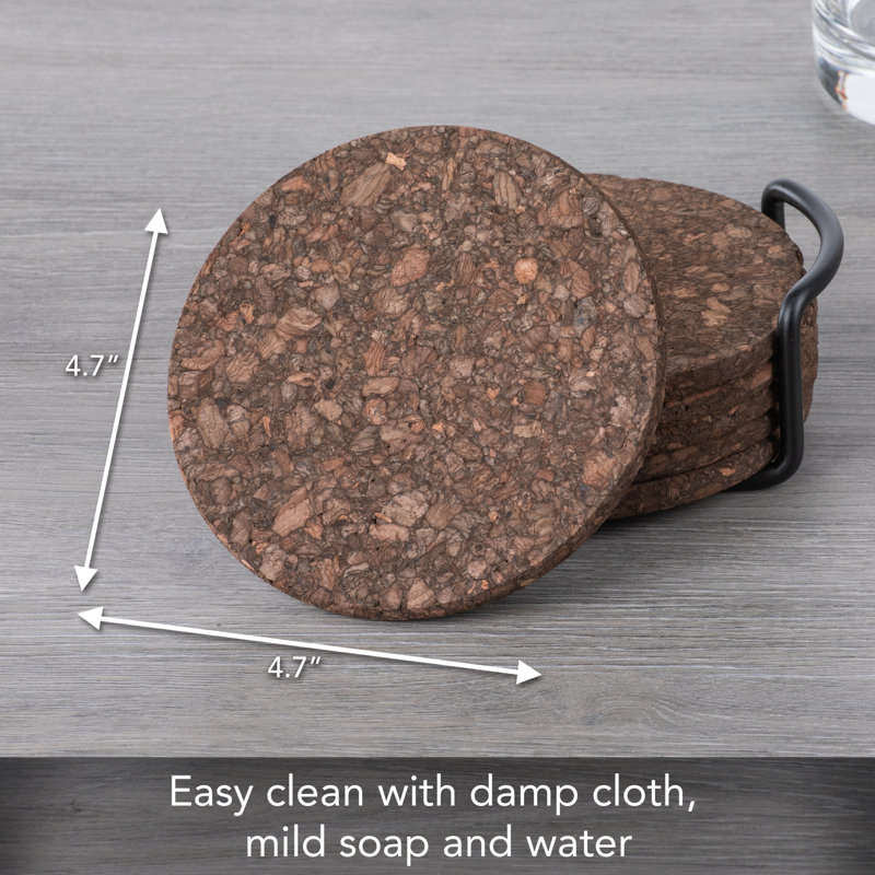 Ebern Designs Dark Cork Coasters with Black Wrought Iron Coaster Holder ...