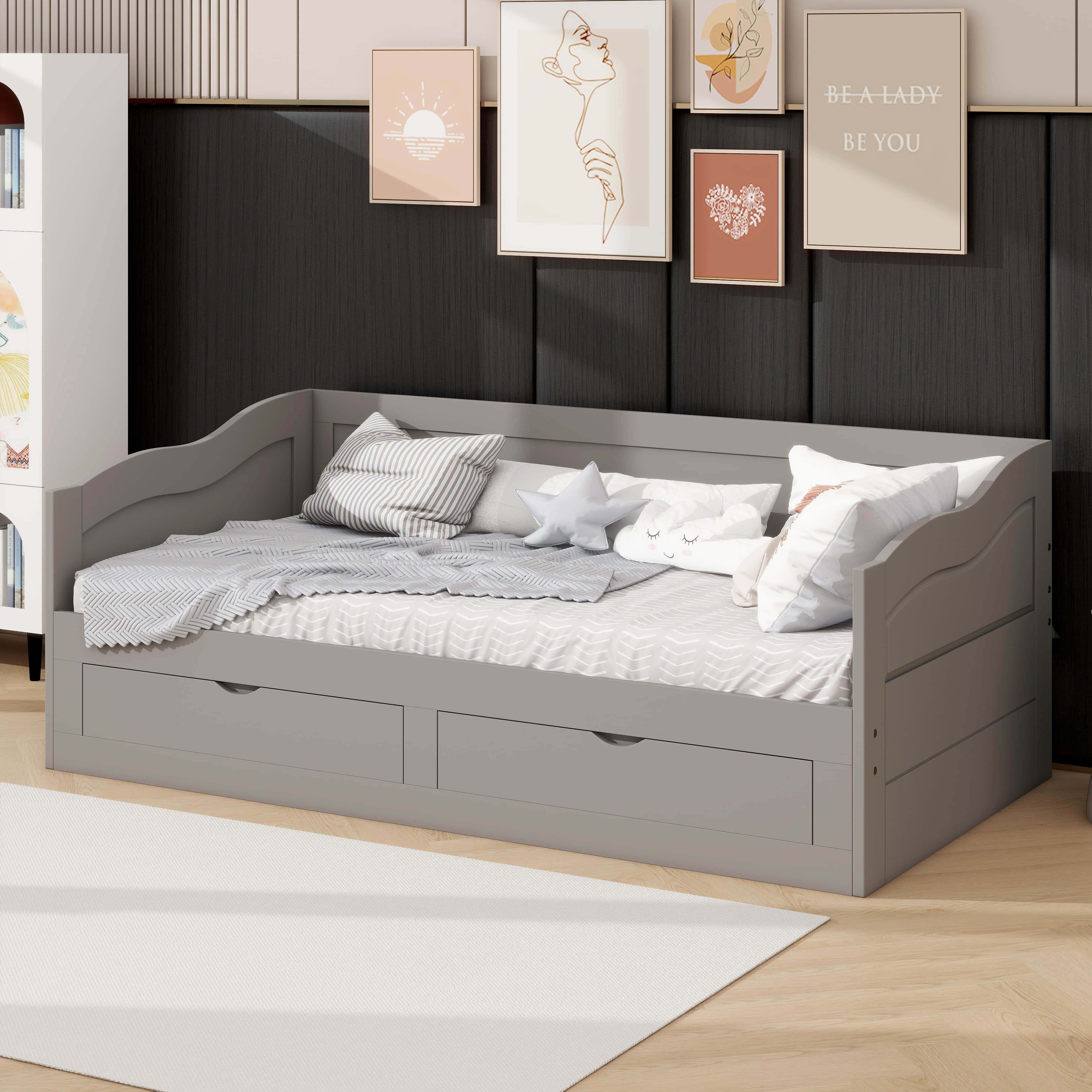 Lark Manor Wooden Daybed With An Underbed Trundle, Two Storage Drawers ...