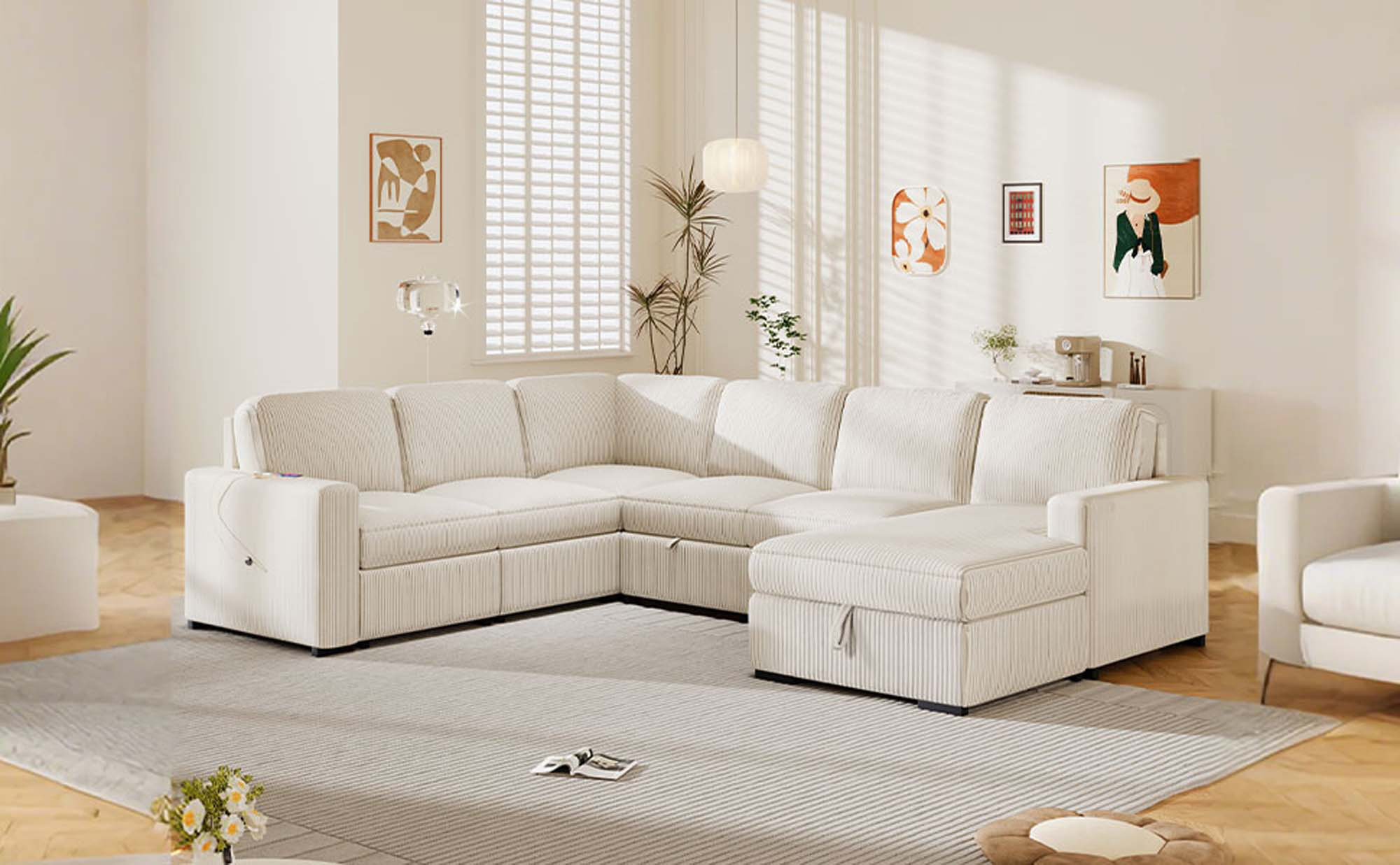 Latitude Run® U-Shaped Corduroy Combination Corner Sofa With Storage Lounge Chair, 6-Seater ...