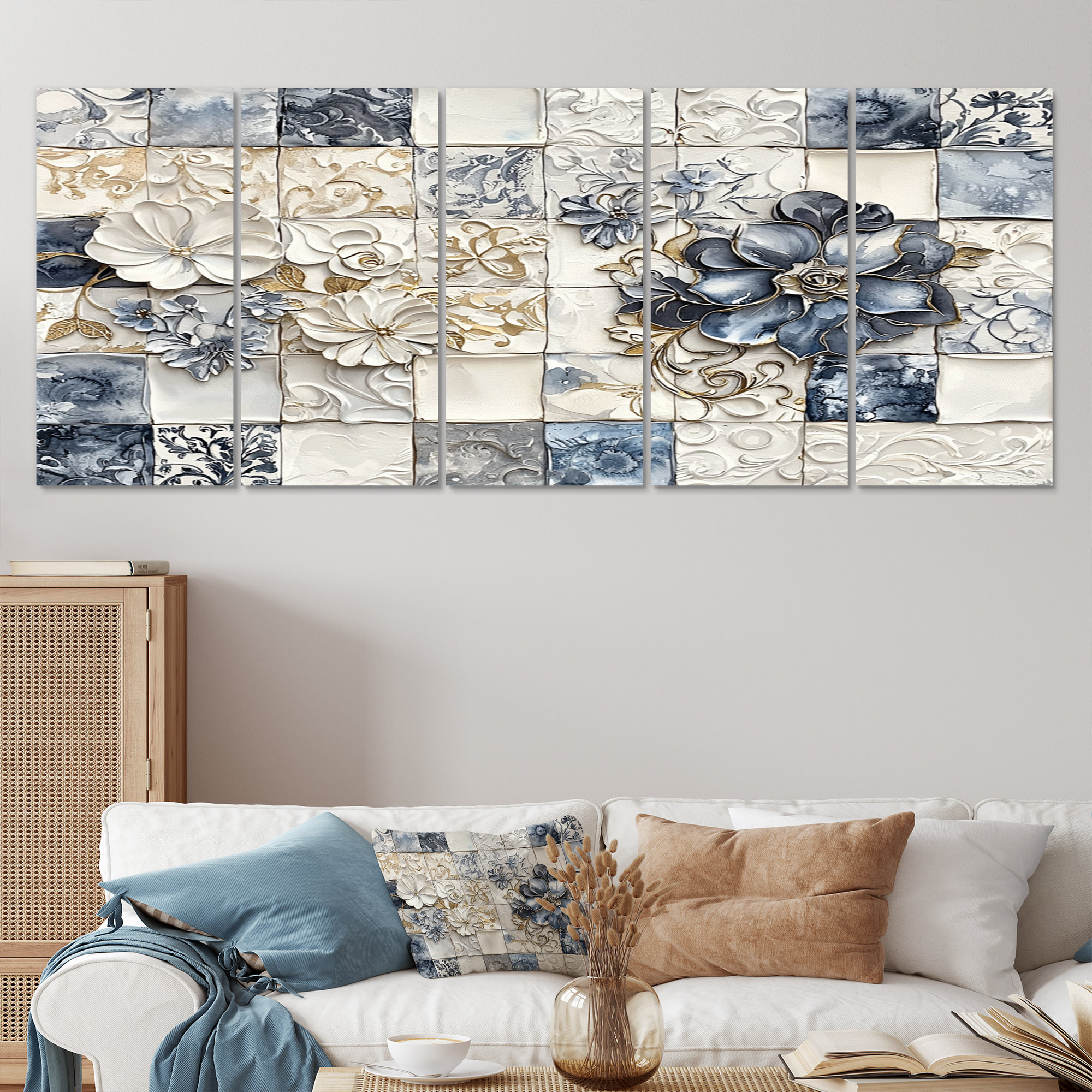 Winston Porter White And Blue Floral Abstract Tiles III - Boho Tiles ...