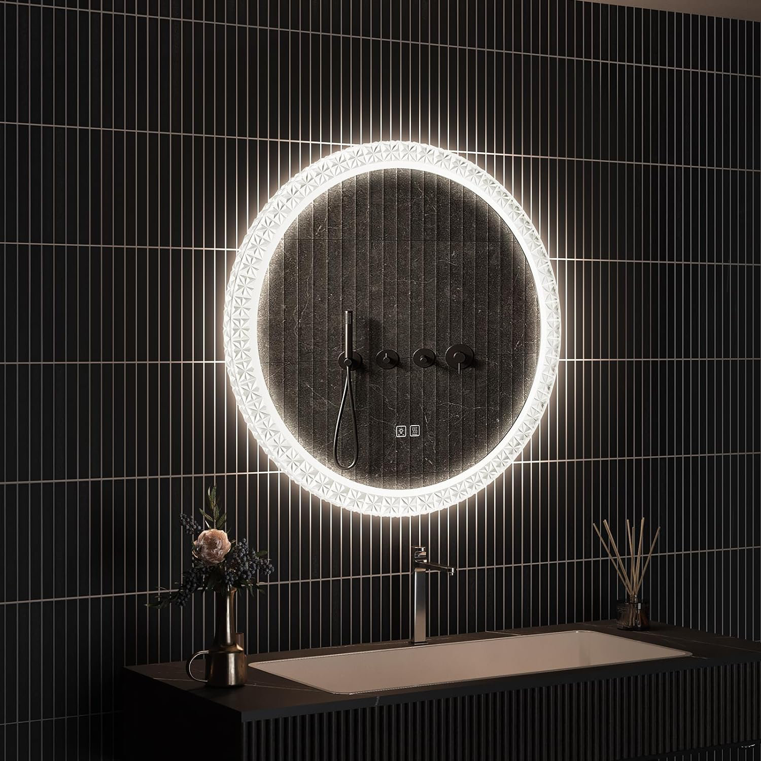 Ivy Bronx Jashley Round Acrylic Framed LED Mirror Dimmable Anti-Fog ...