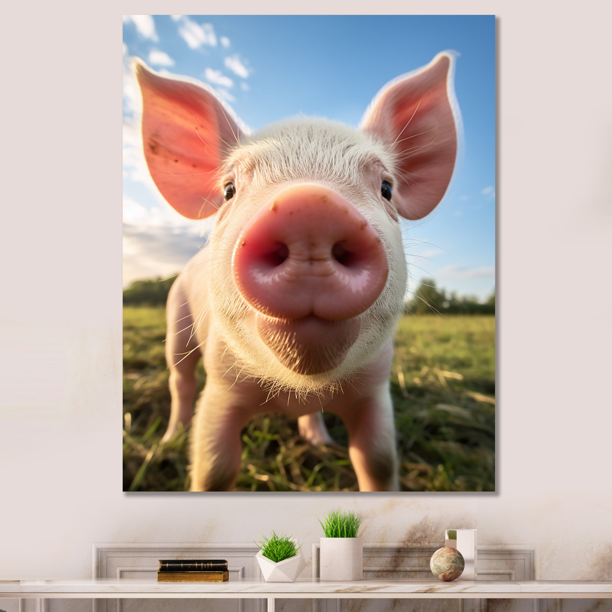 Gracie Oaks Pink Pig Curious Snout Pig - Print on Canvas | Wayfair