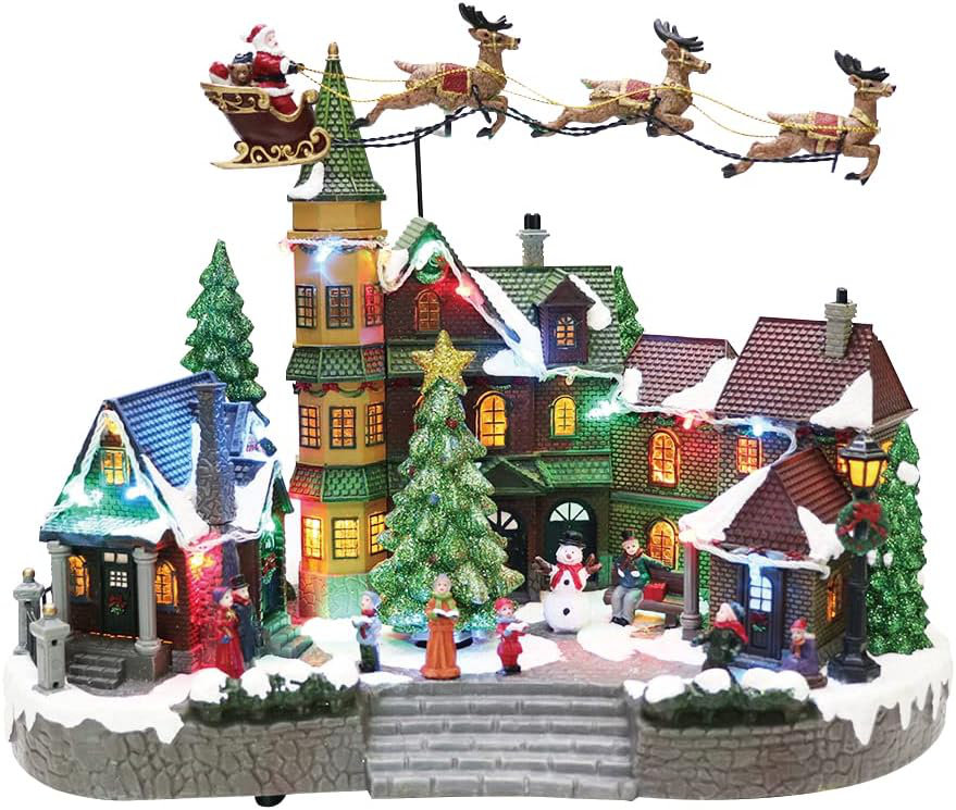 The Holiday Aisle® 12.8"H Animated Santa Flying Over Town (Tree & Santa ...