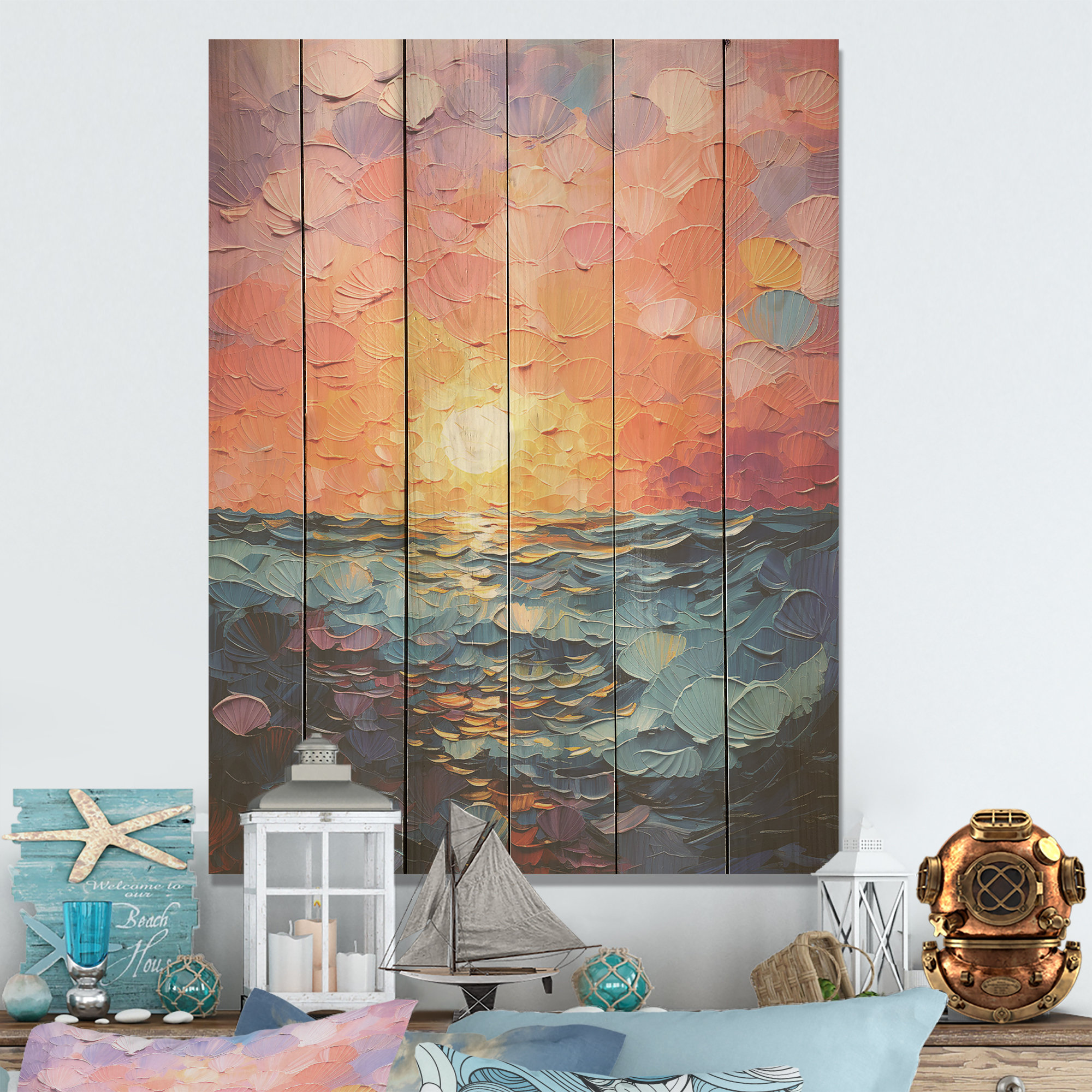 Dovecove Coastal Harmony Dreamscape Sunset - Seashell Wood Art On ...
