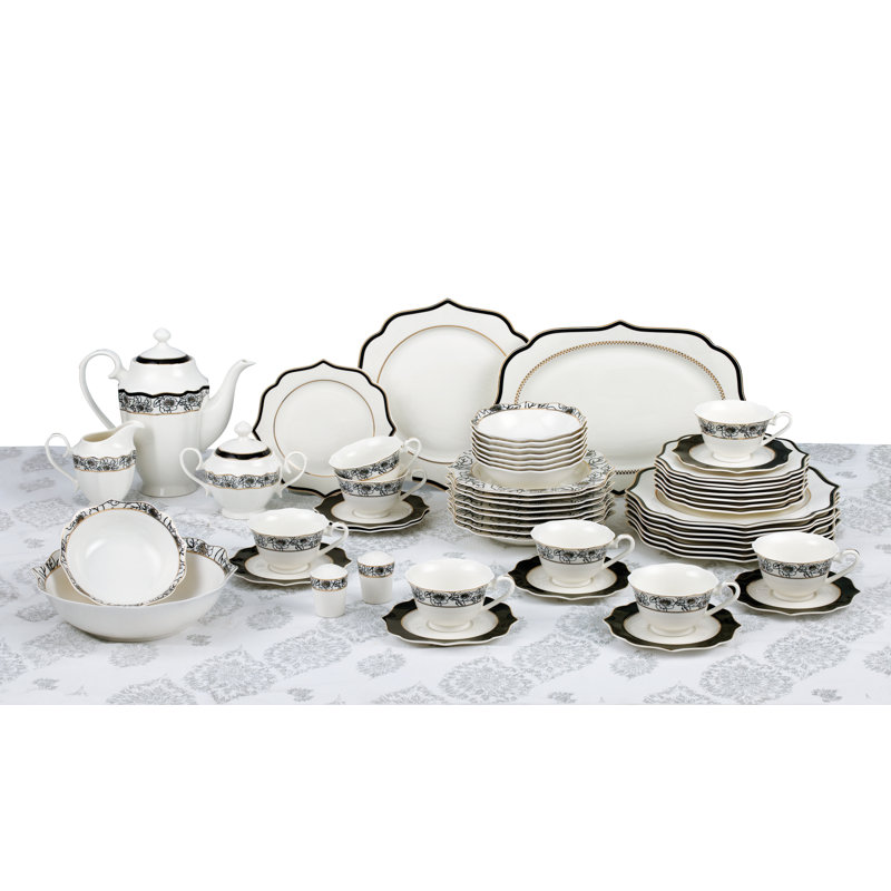 Lorren Home Trends Fiona 57 Piece Bone Chine Dinnerware Set, Service ...