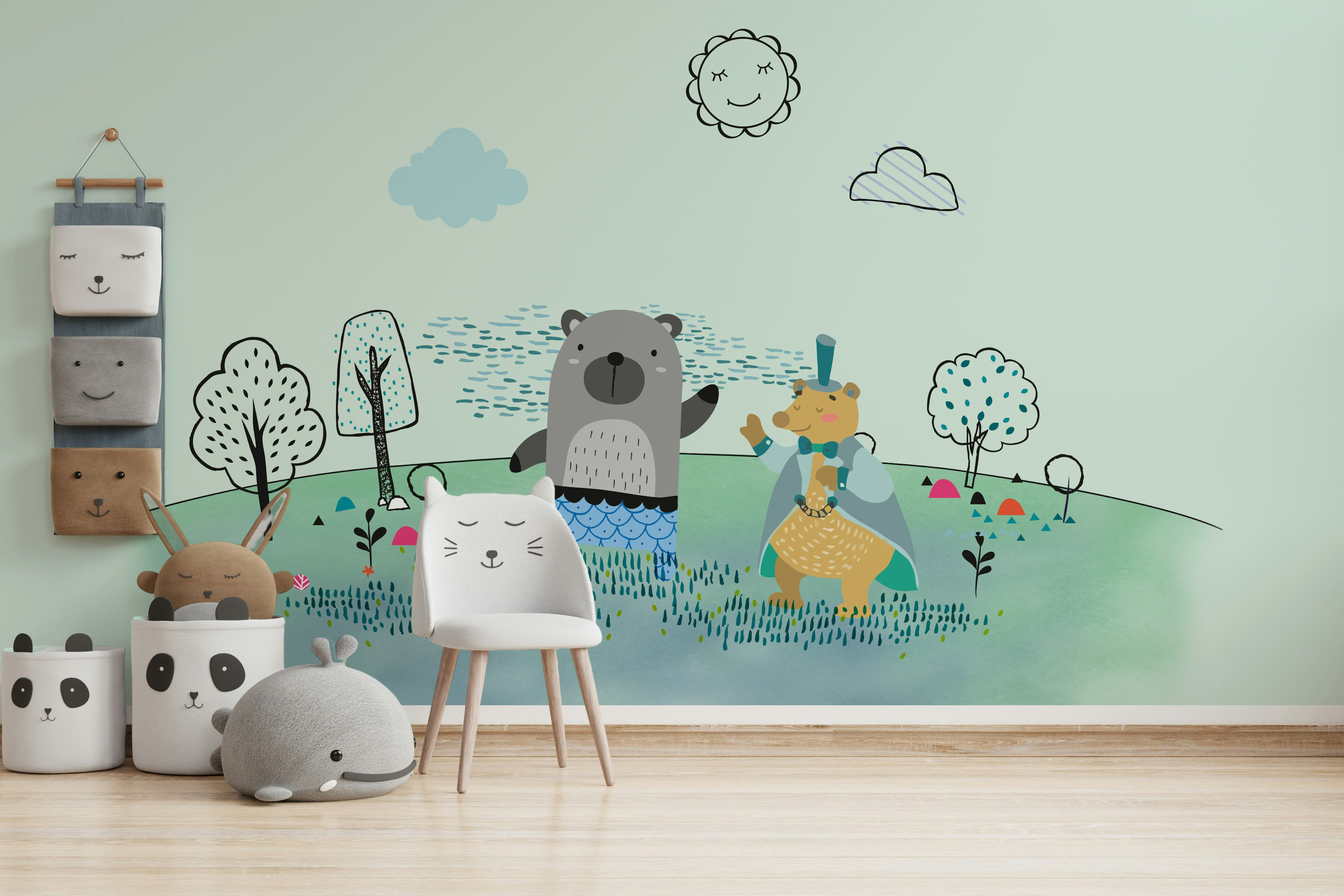 Zoomie Kids Cartoon Drawing Bear Sun Tree Green Wallpaper - Wayfair Canada