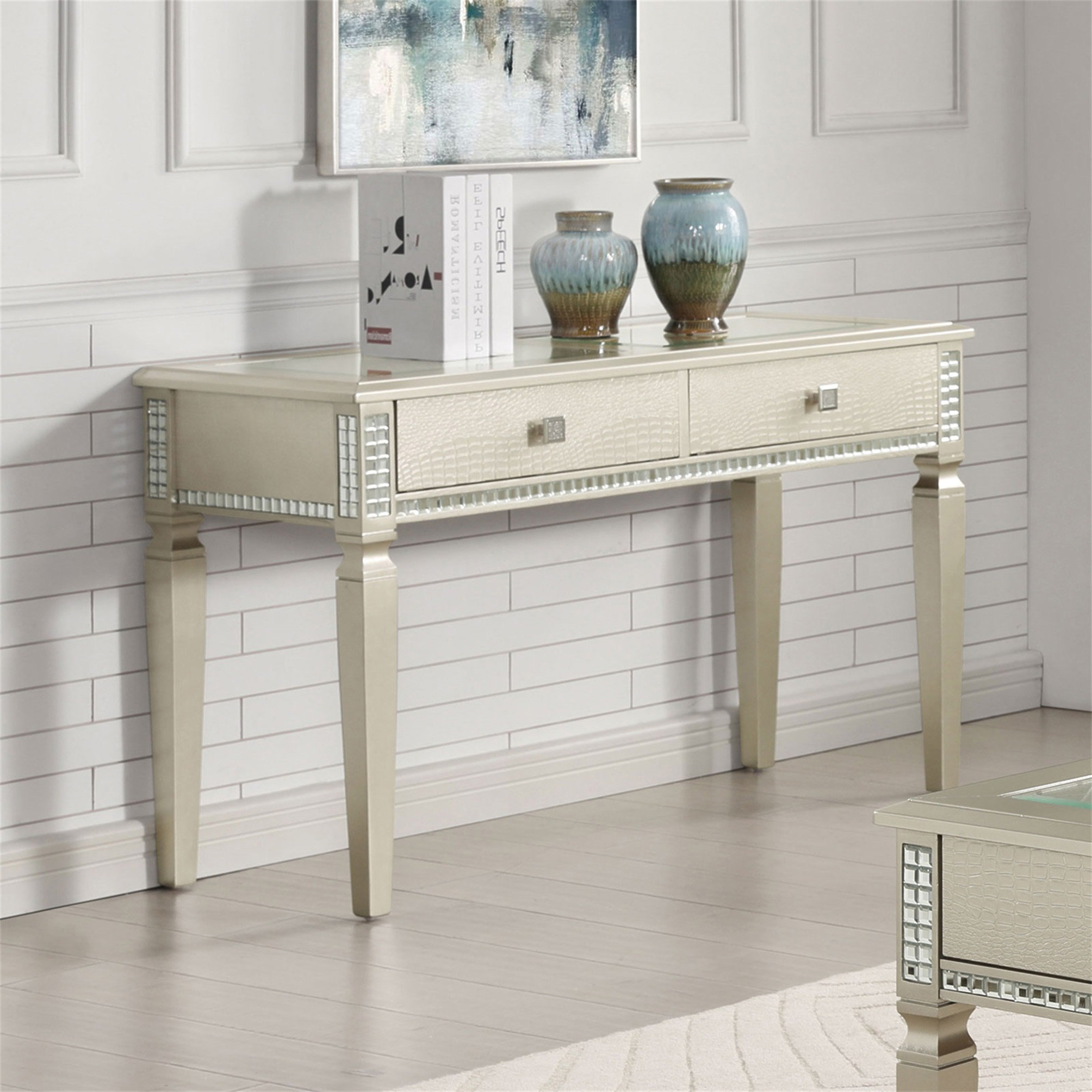 Everly Quinn Sleek Silver Glam Sofa Table With Storage Drawers And 5Mm ...