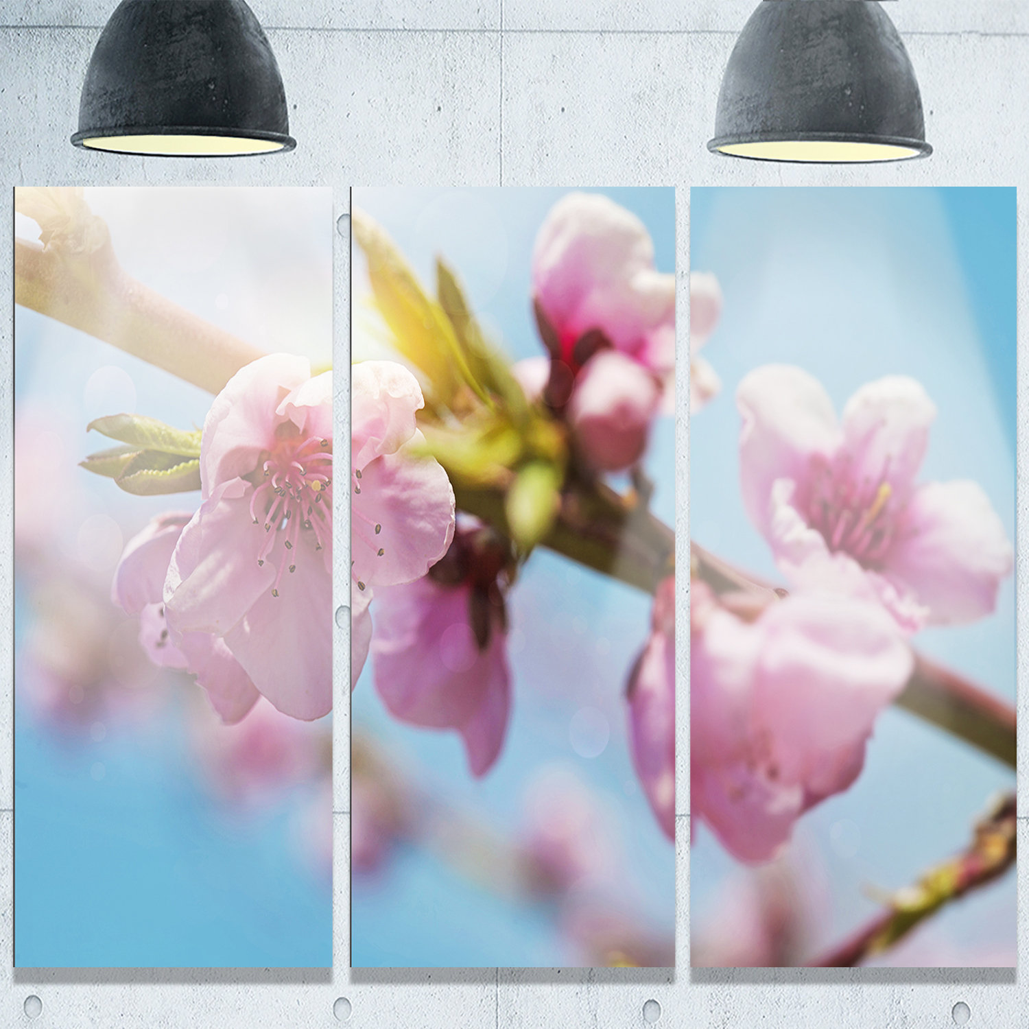 Design Art 'Stem of Peach Blossom Flowers' 3 Piece Photographic Print ...