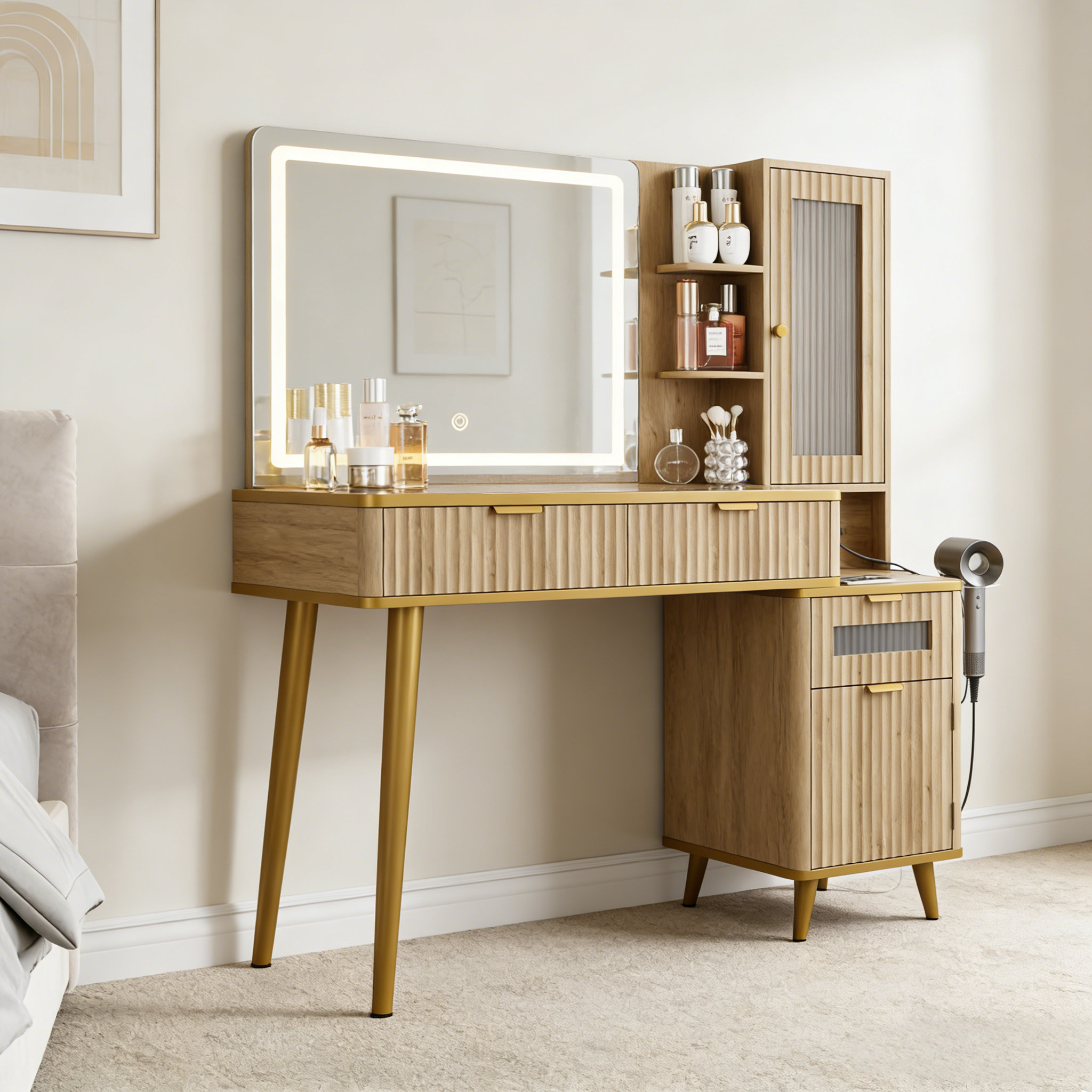 Latitude Run® 48" Modern Fluted Makeup Vanity Desk With Mirror And ...