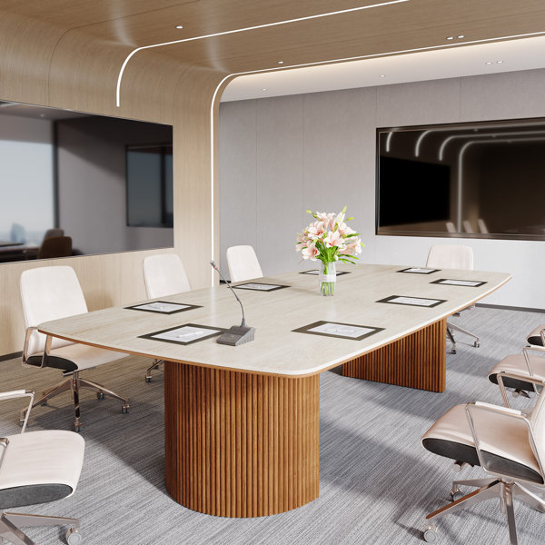 Inbox Zero Conference Table With Unique Travertine Slab Top And Semi ...