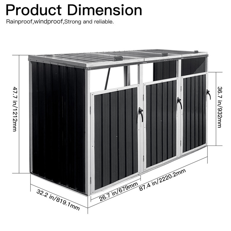Tryimagine Garbage Bin Shed Stores 3 Trash Cans Metal Outdoor Bin Shed ...