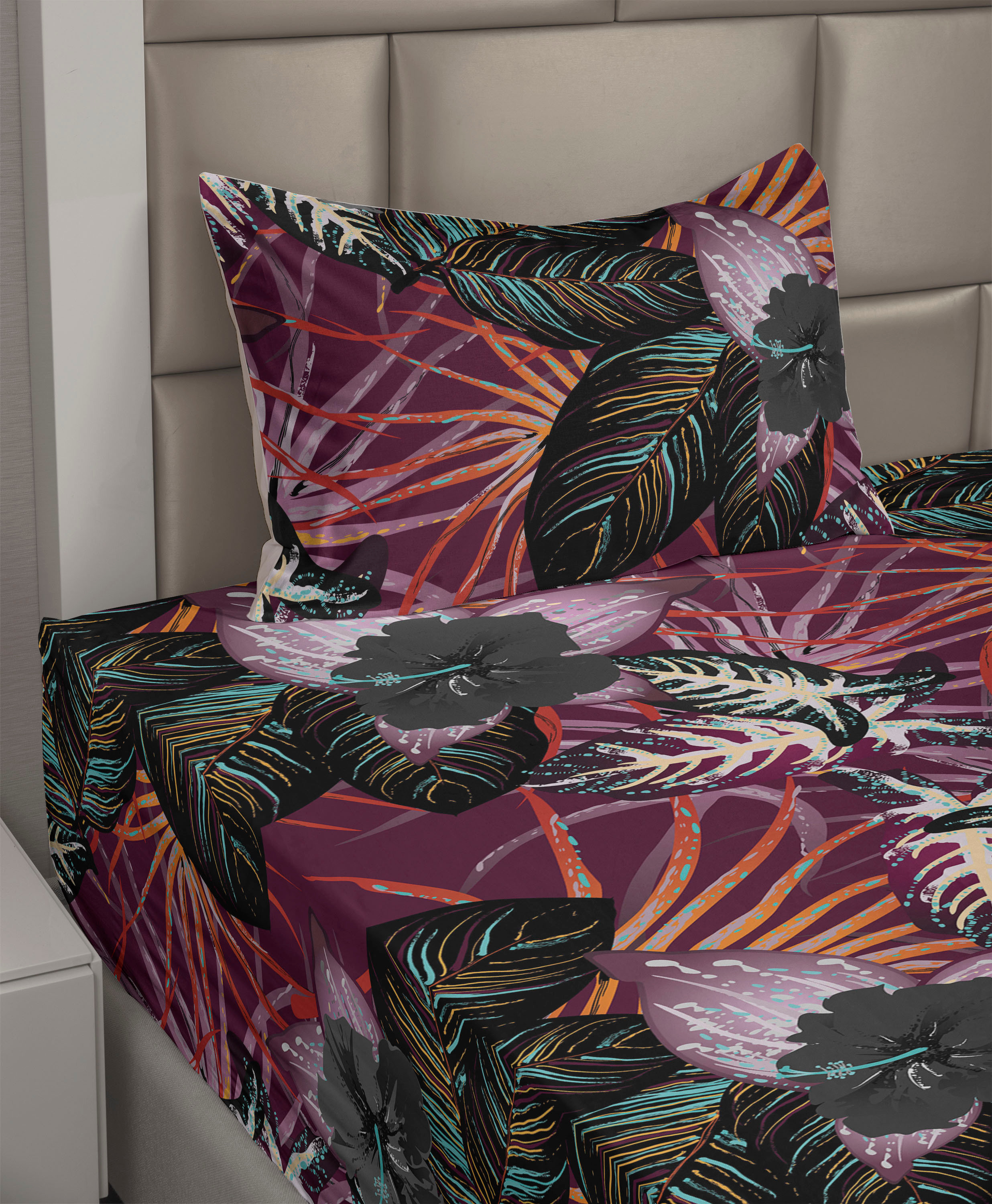 Ambesonne Tropical Sheet Set Jungle Leaves Exotic Print Dark Fuchsia ...